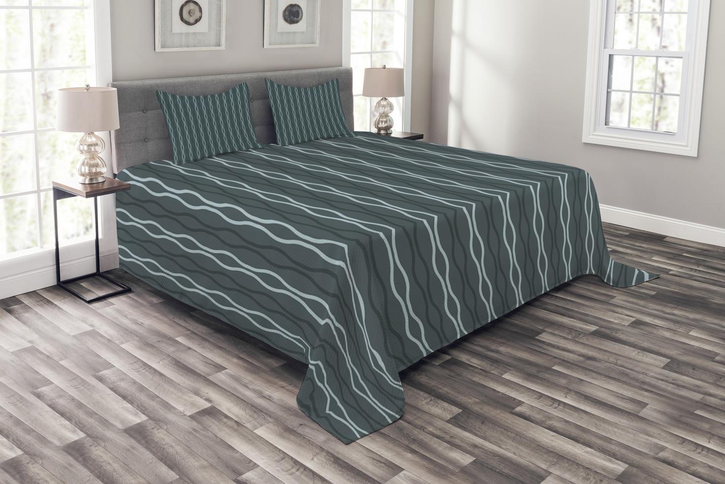 Ambesonne Blue Quilted Bedspread Set 3 Pcs, Under the Sea Wave Lines ...
