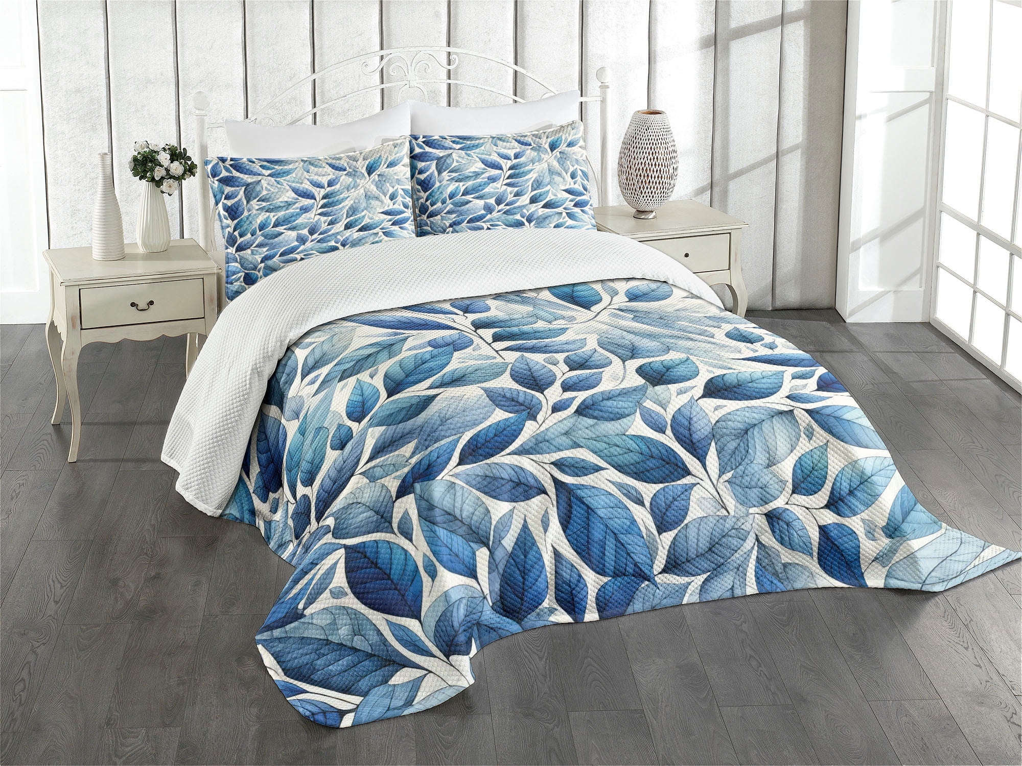 Ambesonne Blue Quilted Bedspread Set 3 Pcs, Watercolor Botany Leaf ...