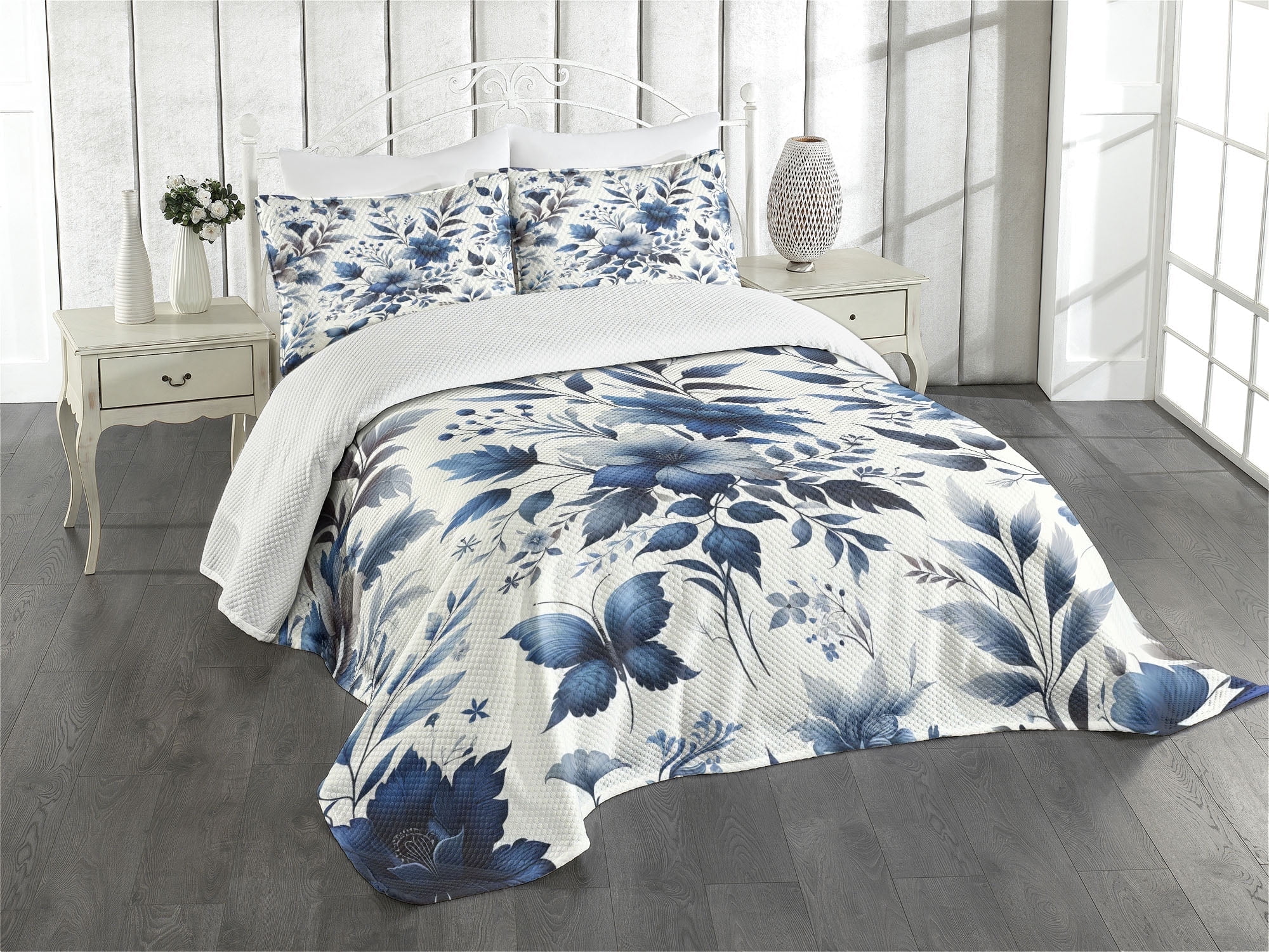 Ambesonne Blue Quilted Bedspread Set 3 Pcs, Watercolor Leaf Berries ...