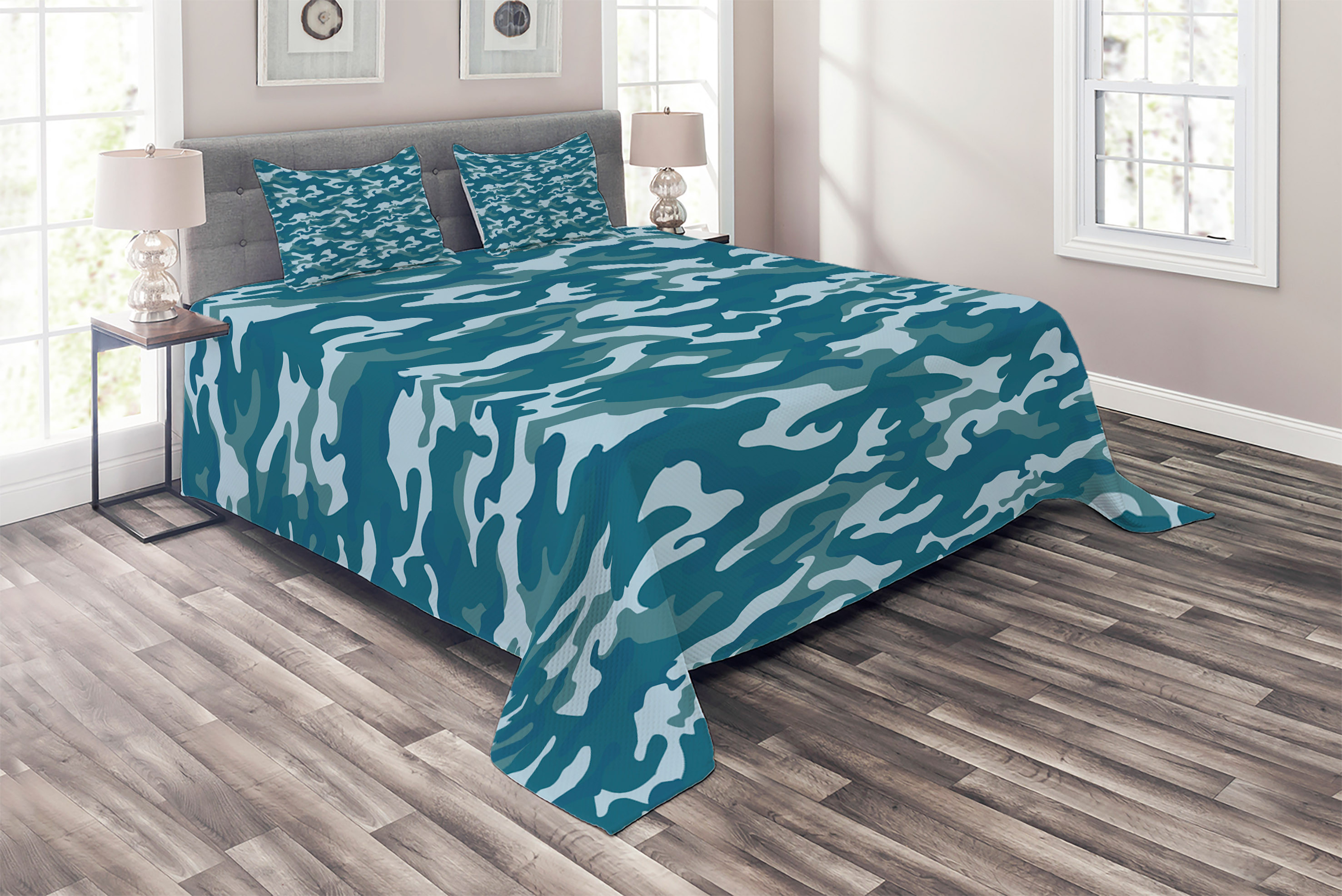 Ambesonne Blue Quilted Coverlet 3 Pcs, Camouflage Oceanic Colors, King ...