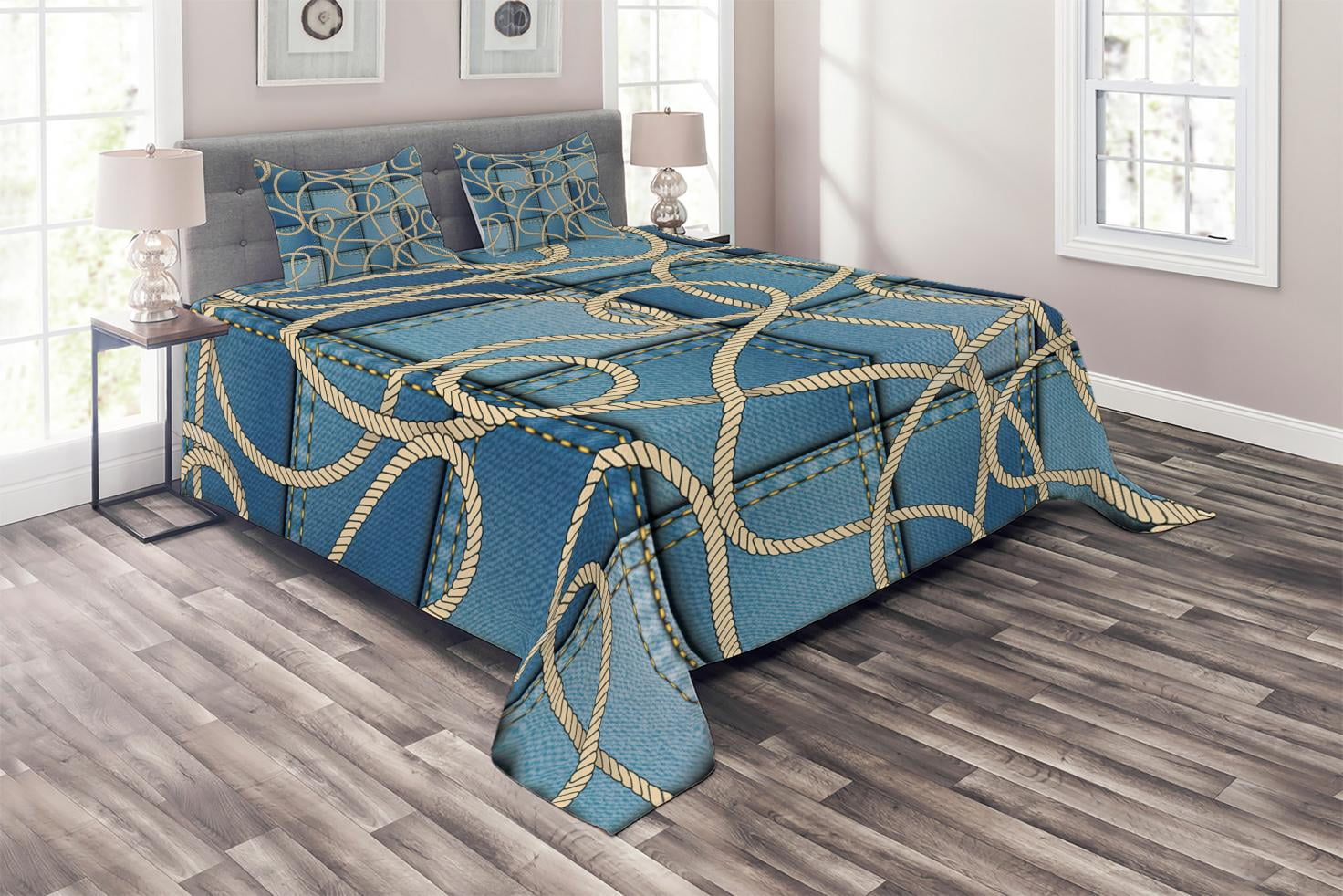 Ambesonne Blue Quilted Coverlet 3 Pcs, Denim Patchwork, King Size, Blue ...