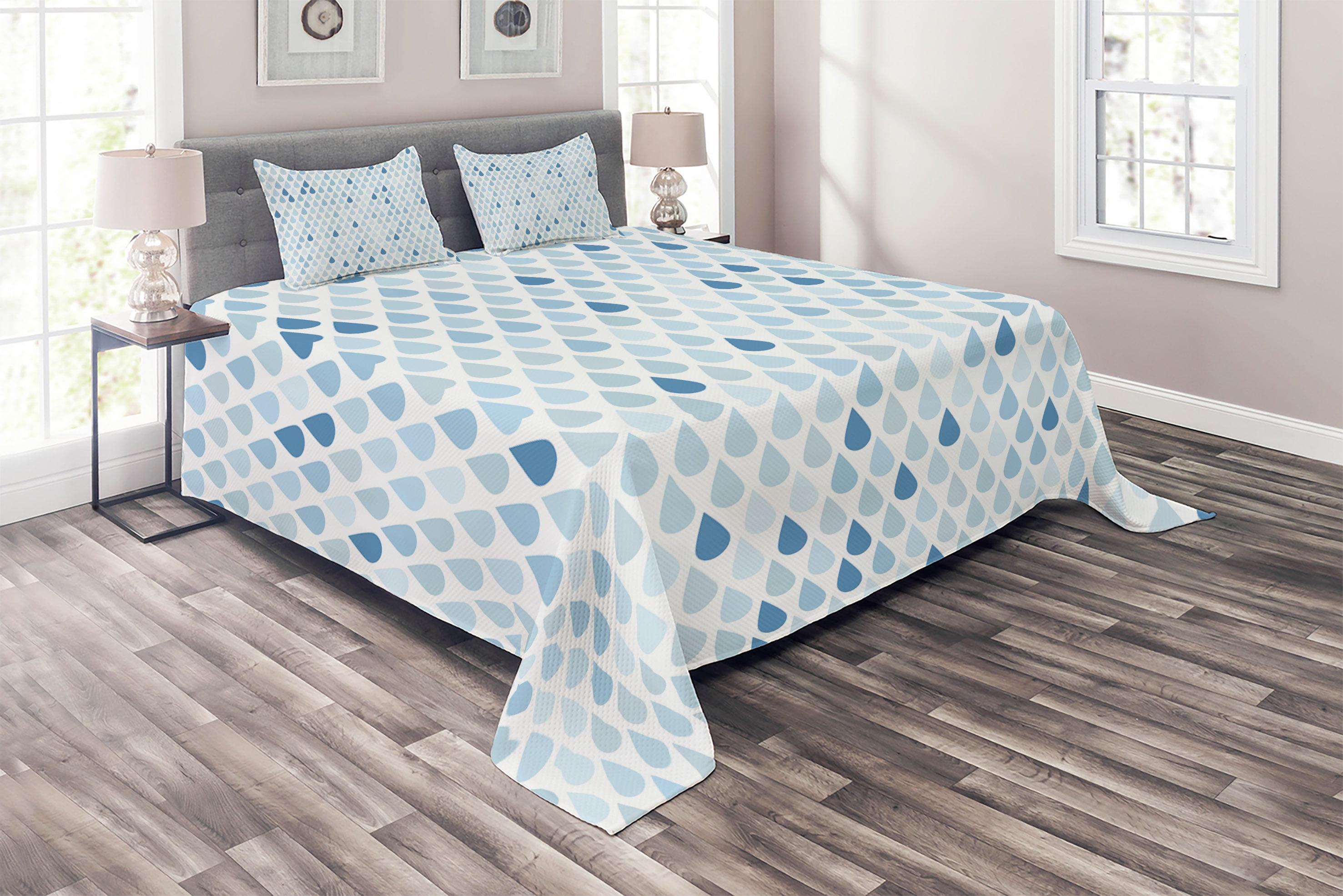 Ambesonne Blue Quilted Coverlet 3 Pcs, Raindrops White Navy, King Size ...