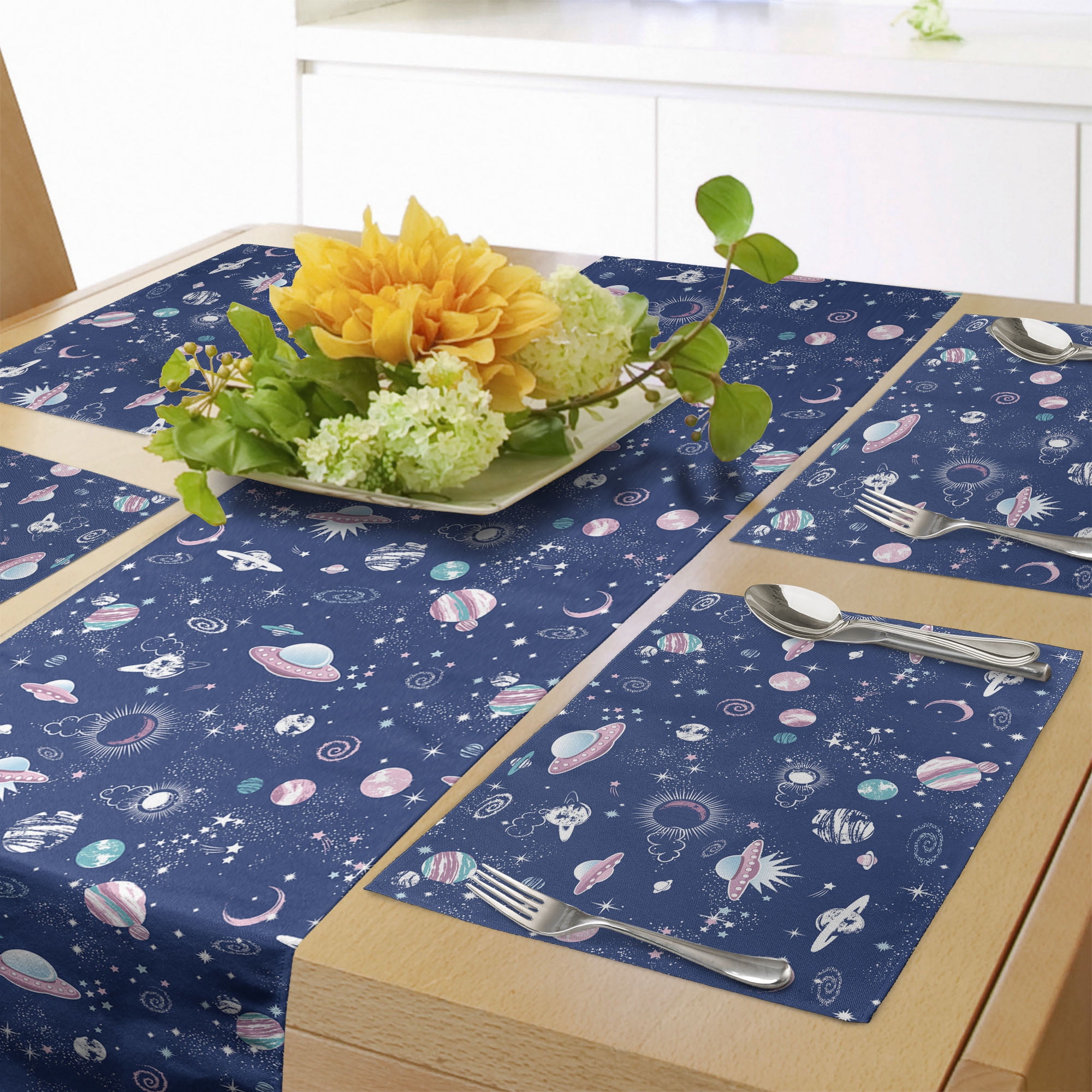 Ambesonne Blue Sky Table Runner & Placemats, Galaxy Planets Stars Art ...