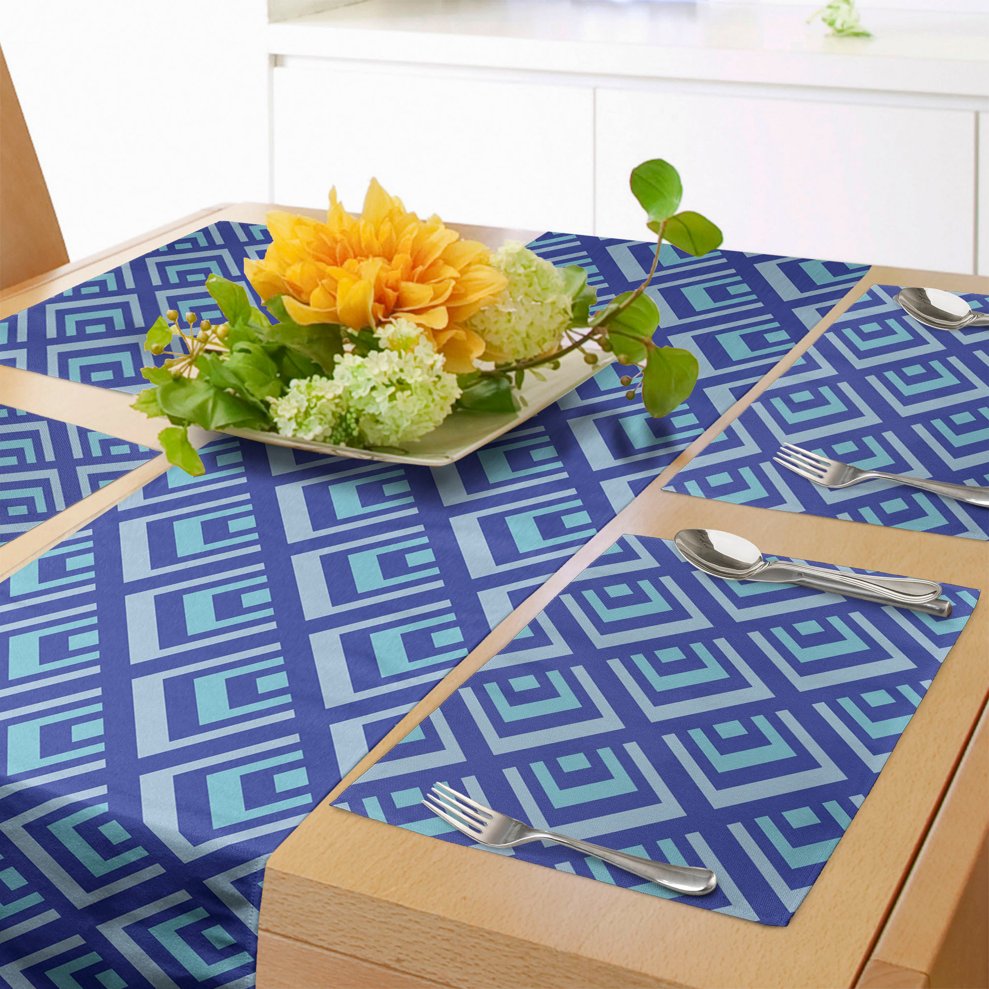 Ambesonne Blue Table Runner & Placemats, Rectangles in Blue Shades Art ...