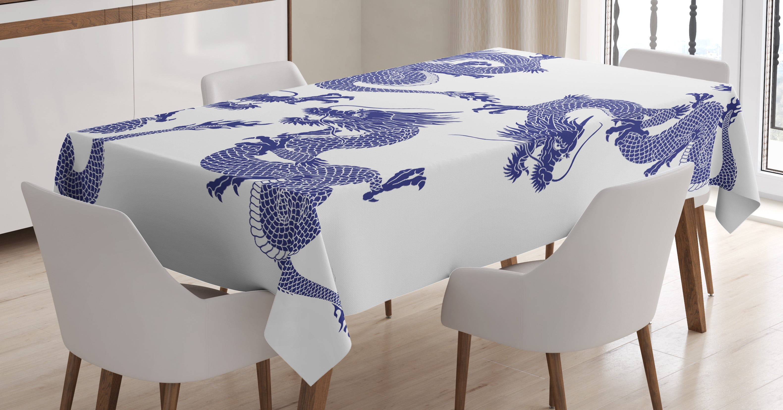 Ambesonne Blue Tablecloth Rectangular Table Cover, Japanese Dragons ...
