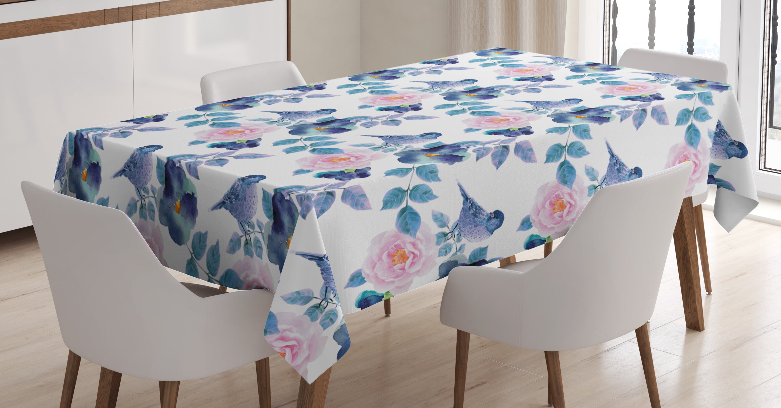 Ambesonne Blue Tablecloth Rectangular Table Cover, Spring Sparrow Birds ...