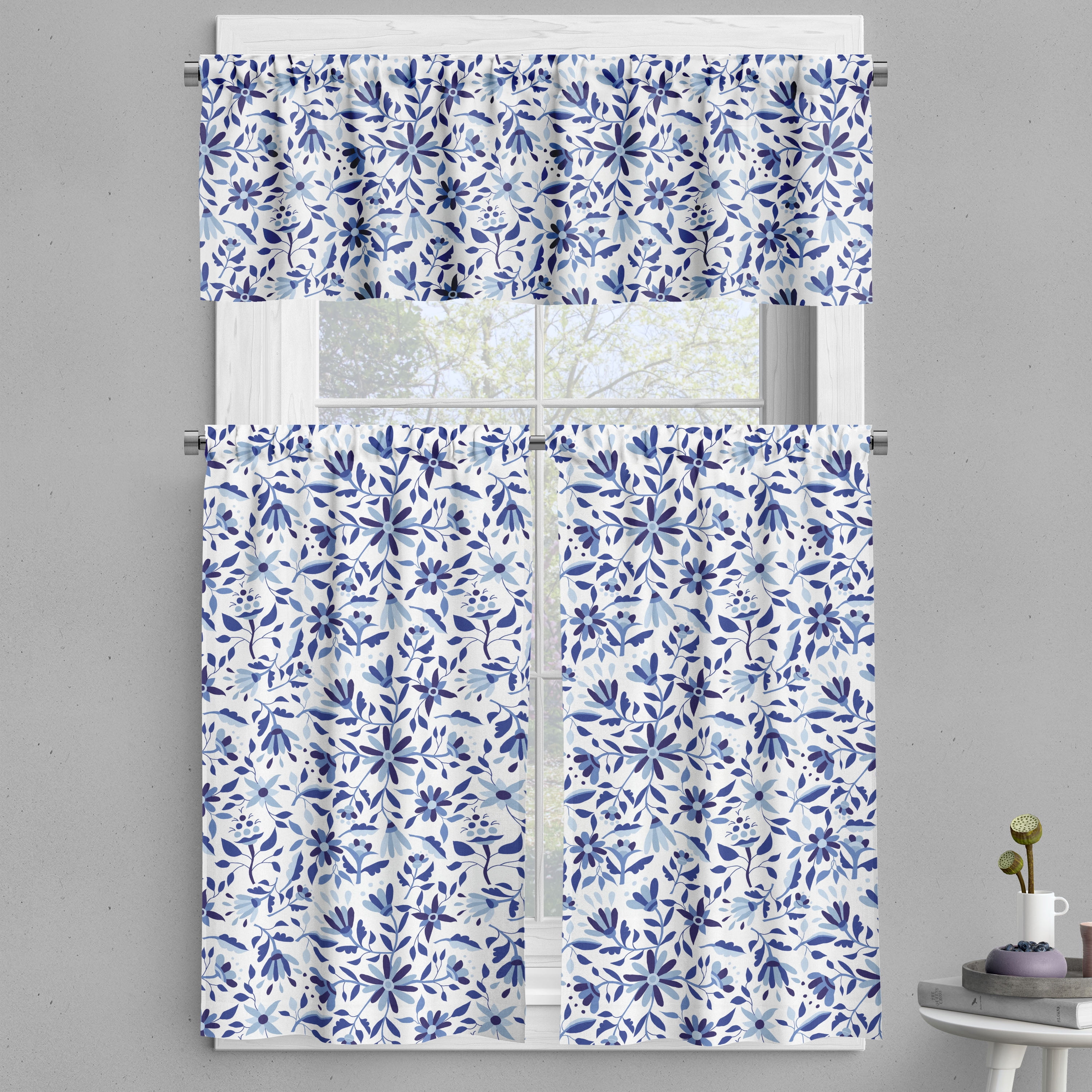 Ambesonne Blue Valance & Curtain, Modern Flowers Leaves Buds, 55"x45 ...