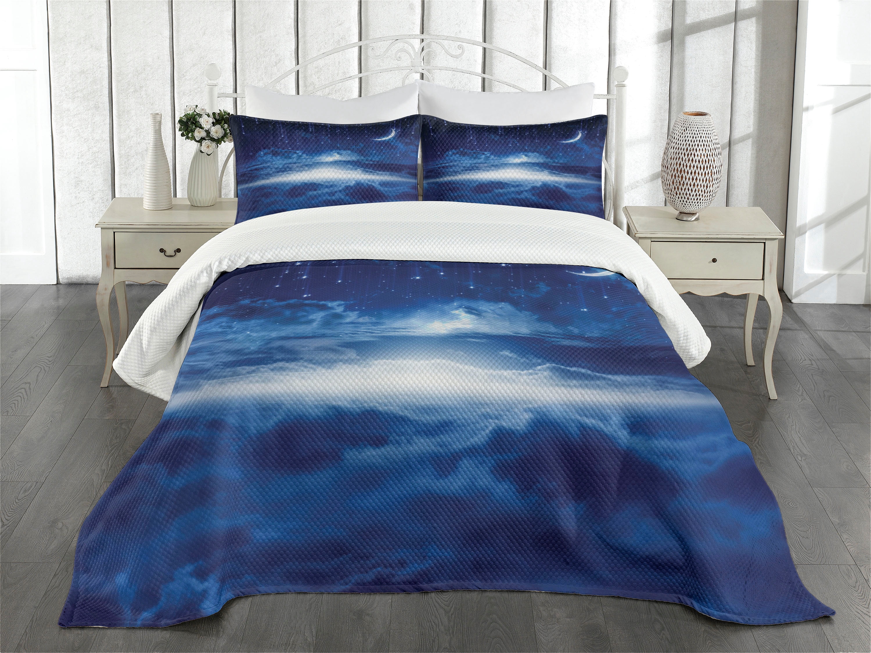 Ambesonne Blue White Quilted Bedspread Set 3 Pcs, Night Sky Moon Stars ...