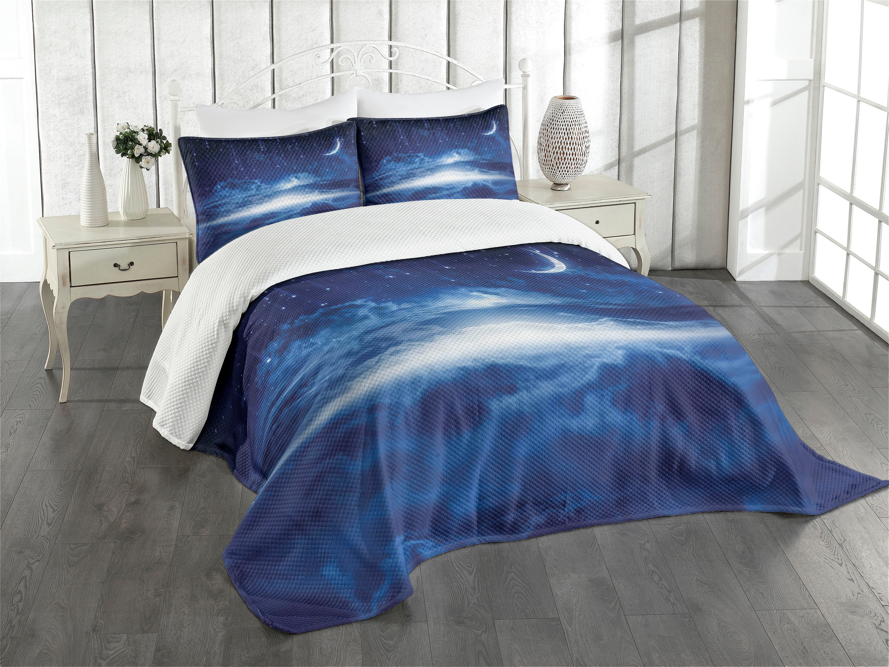 Ambesonne Blue White Quilted Bedspread Set 3 Pcs, Night Sky Moon Stars ...