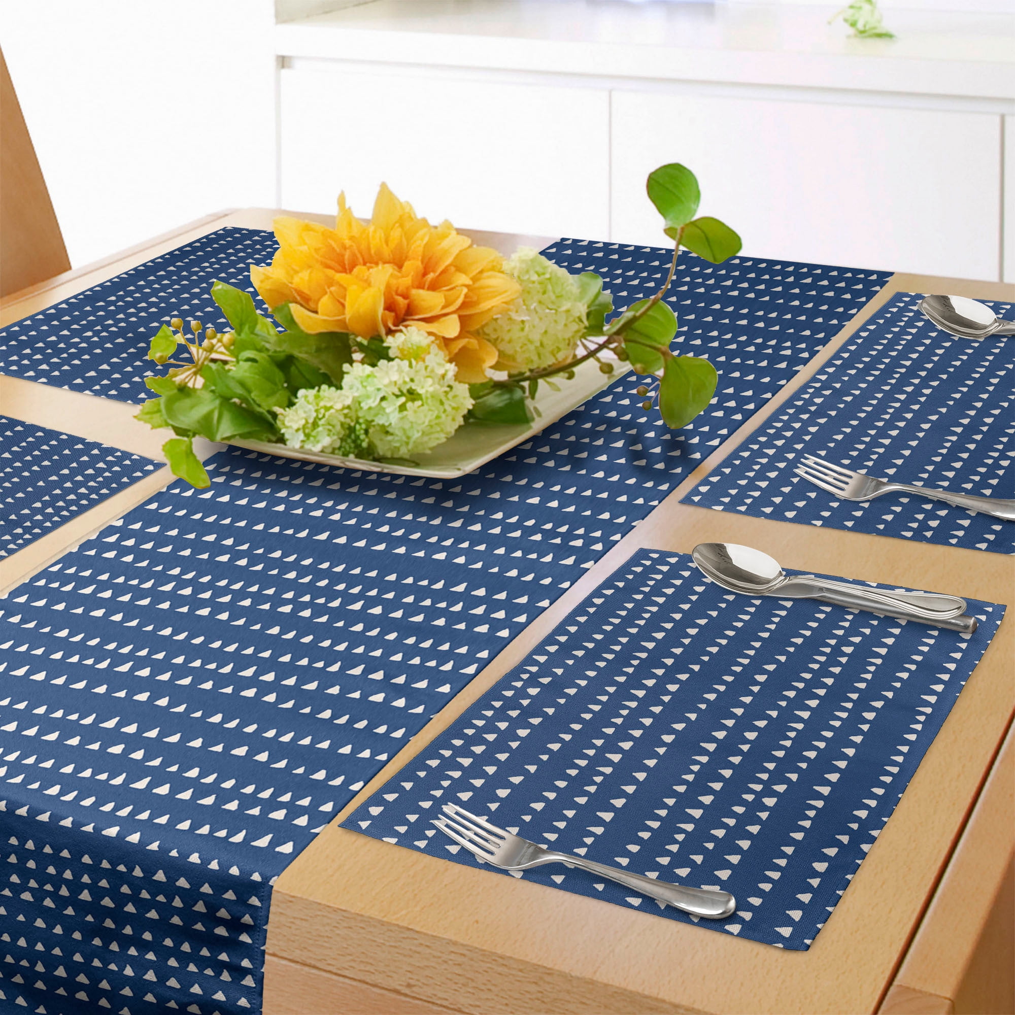 Ambesonne Blue White Table Runner & Placemats, Minimal Triangles ...