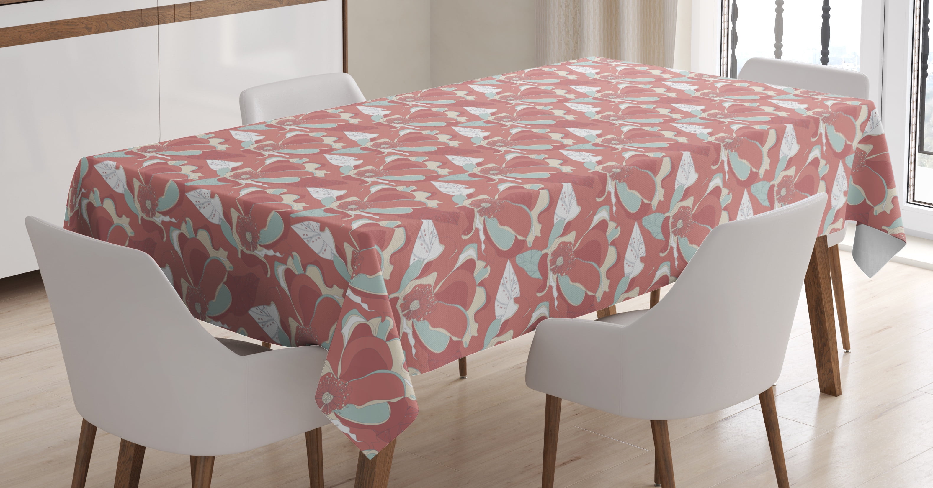 Ambesonne Blue and Coral Tablecloth Rectangular Table Cover, Poppy ...