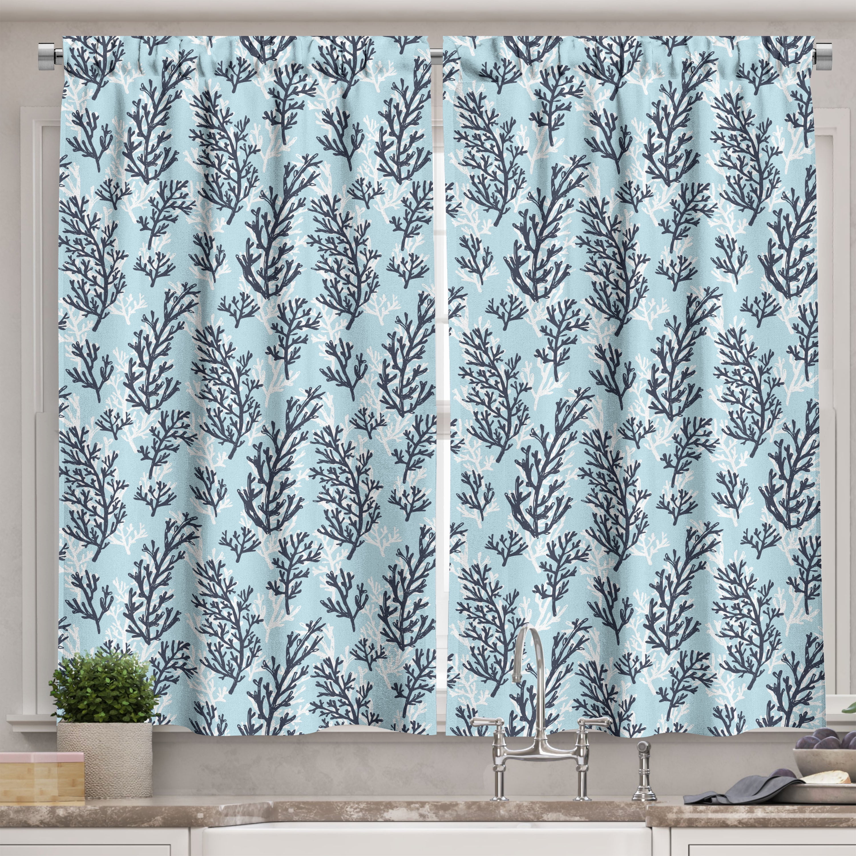 Ambesonne Blue and White Kitchen Curtains, Coral Seaweed, 55"x45", Pale ...