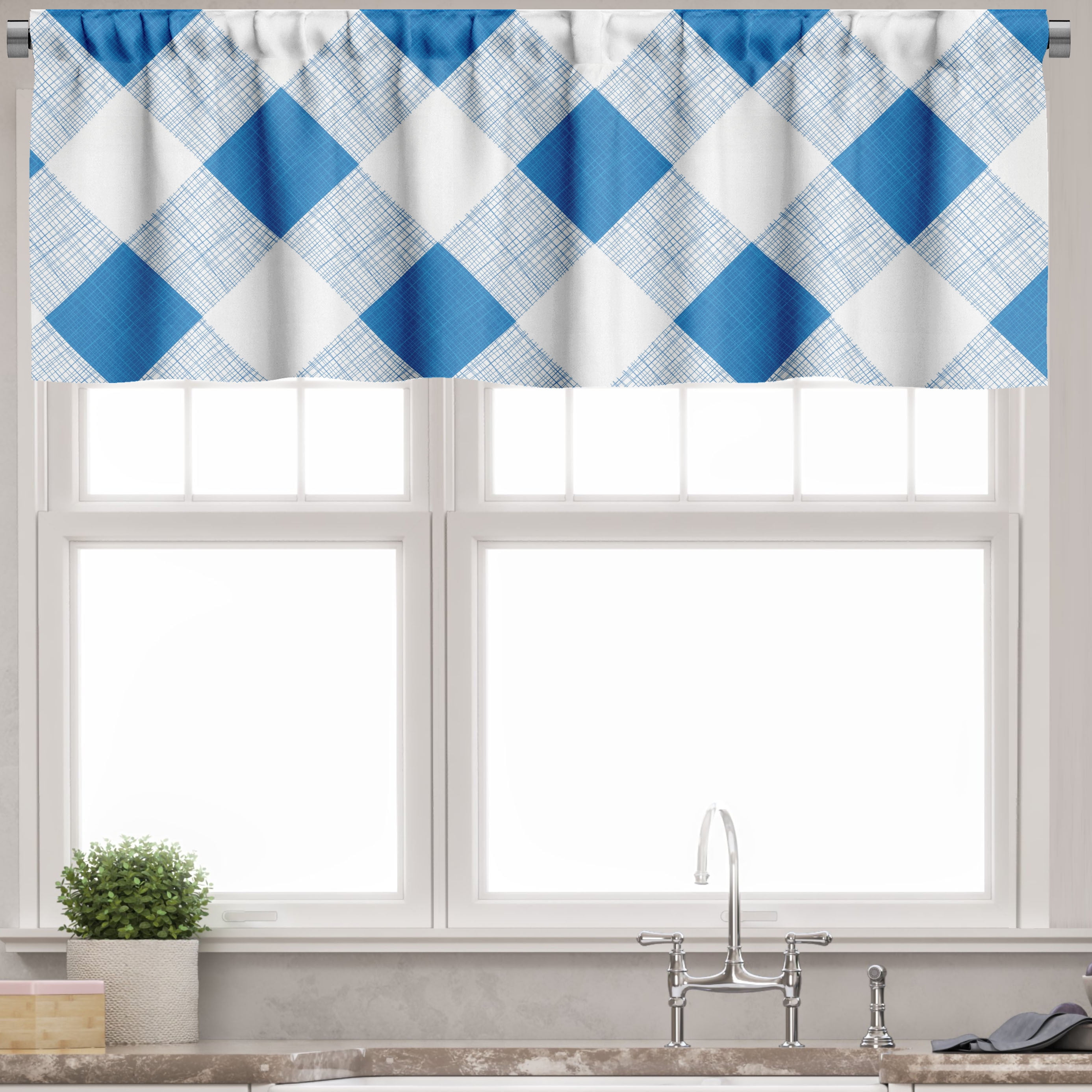 Ambesonne Blue and White Window Valance, Checkered Plaid Grid, 42" x 18 ...