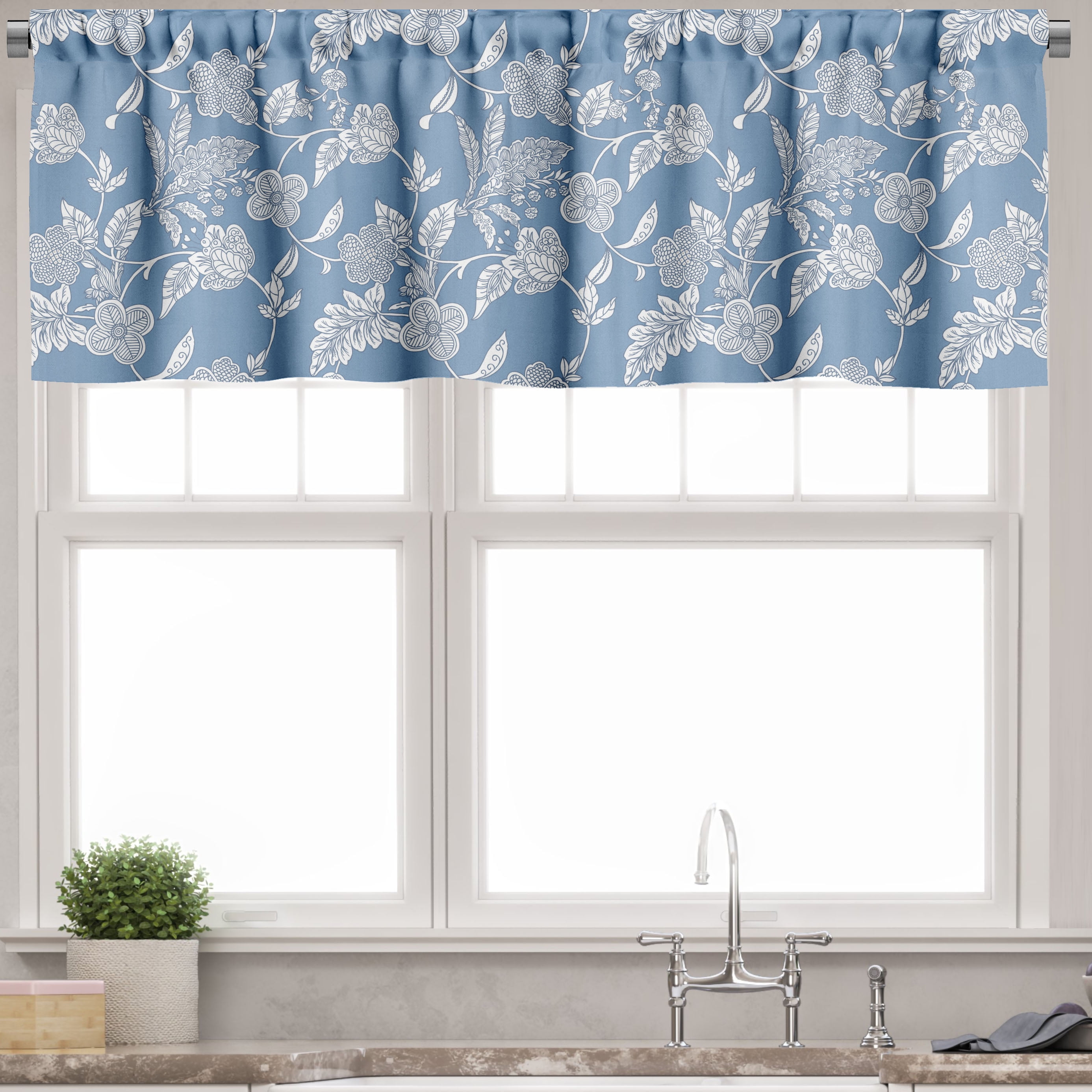 Ambesonne Blue and White Window Valance, Garden Flower Motif, 54" X 12 ...