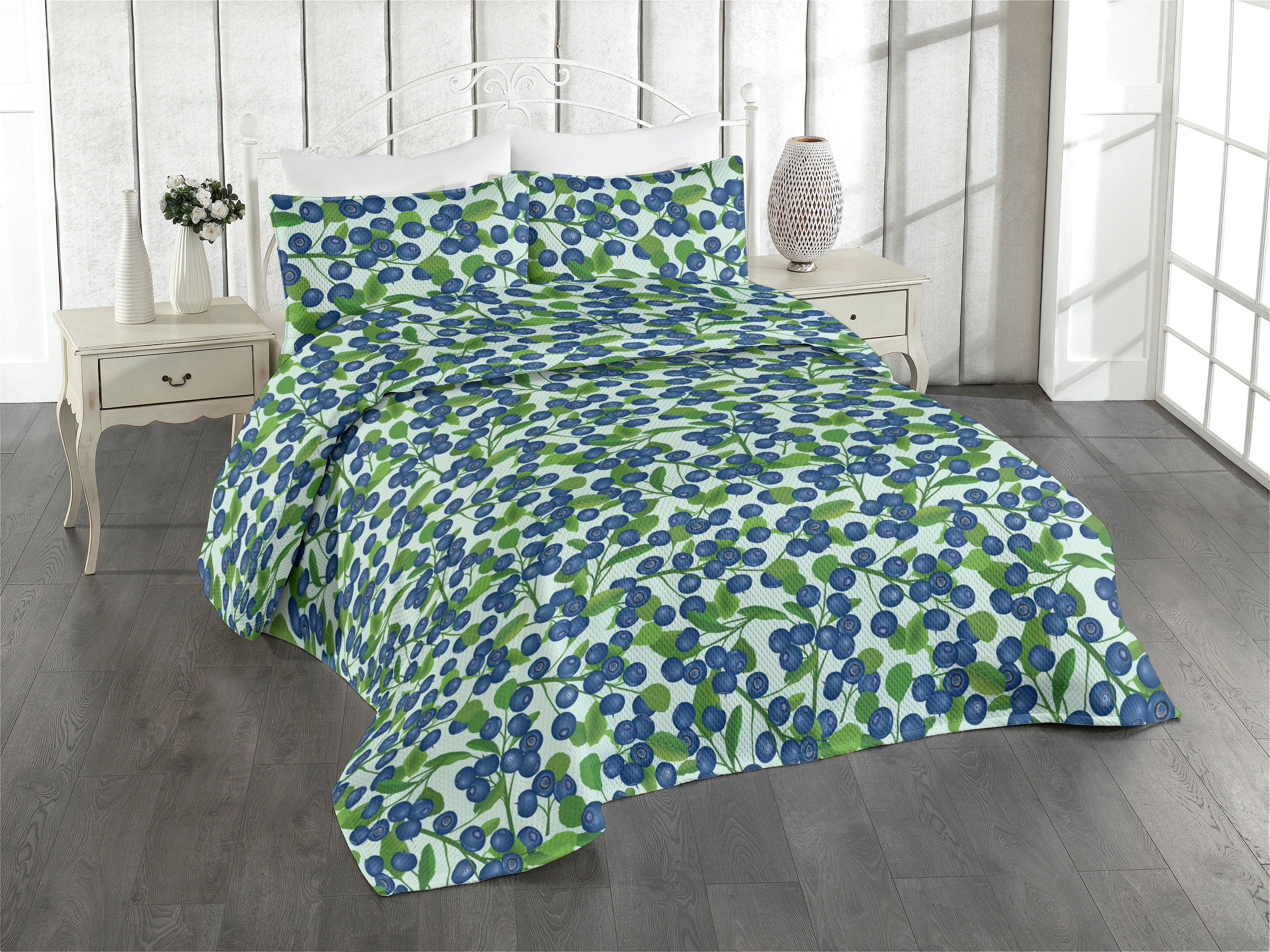 Ambesonne Blueberry Pattern Quilted Bedspread Set 3 Pcs, Art Modern ...