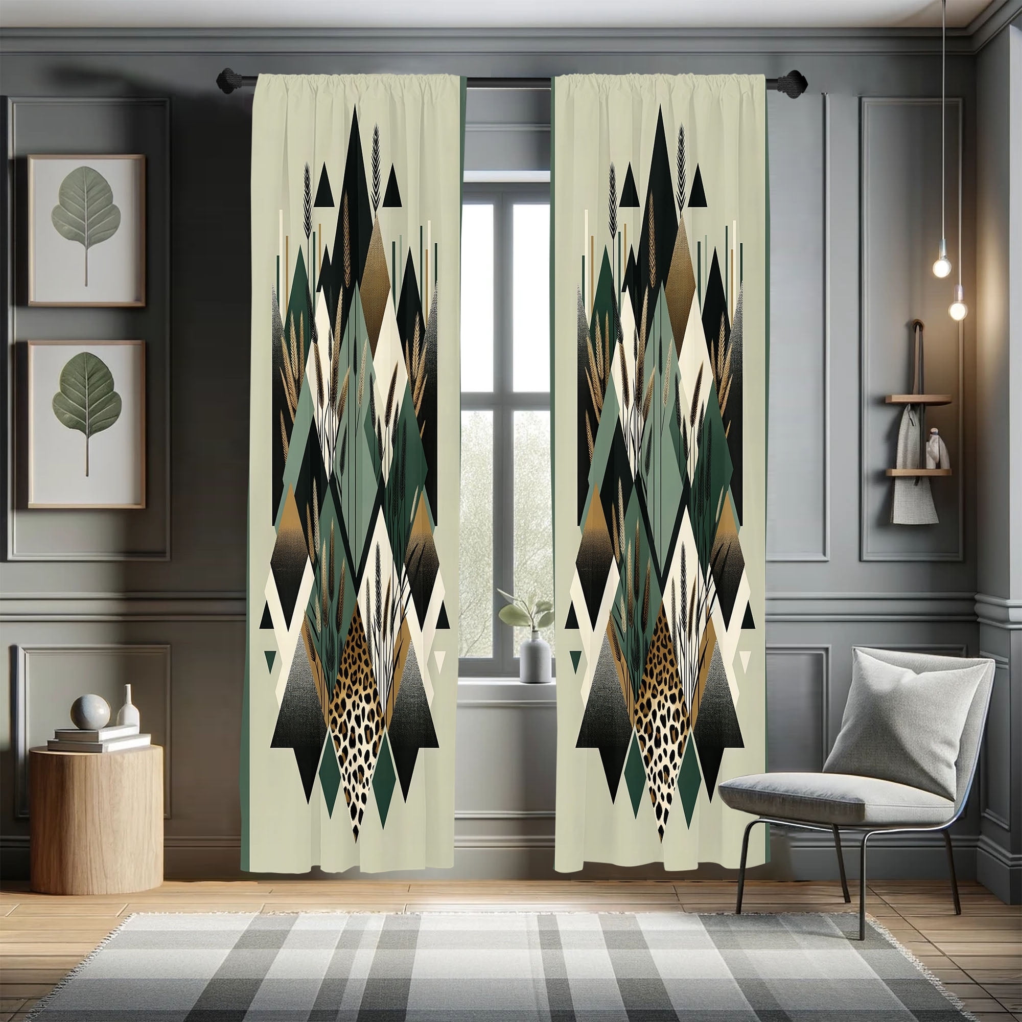 Ambesonne Bohemian Curtains 2 Panel Set Rhombus Geometric Branches