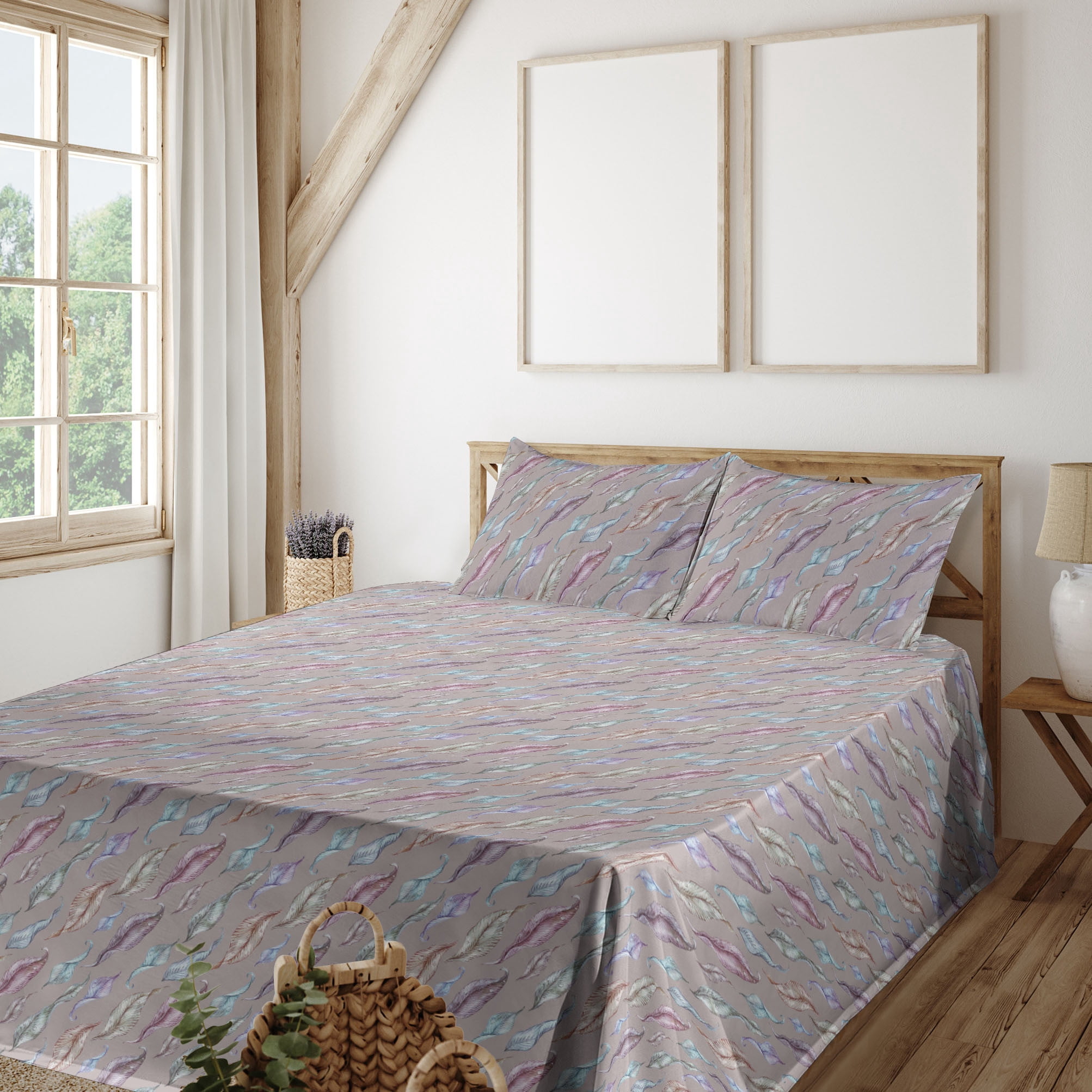 Ambesonne Bohemian Fitted & Flat Sheet with Shams 4 Pcs Set, Waving Art ...