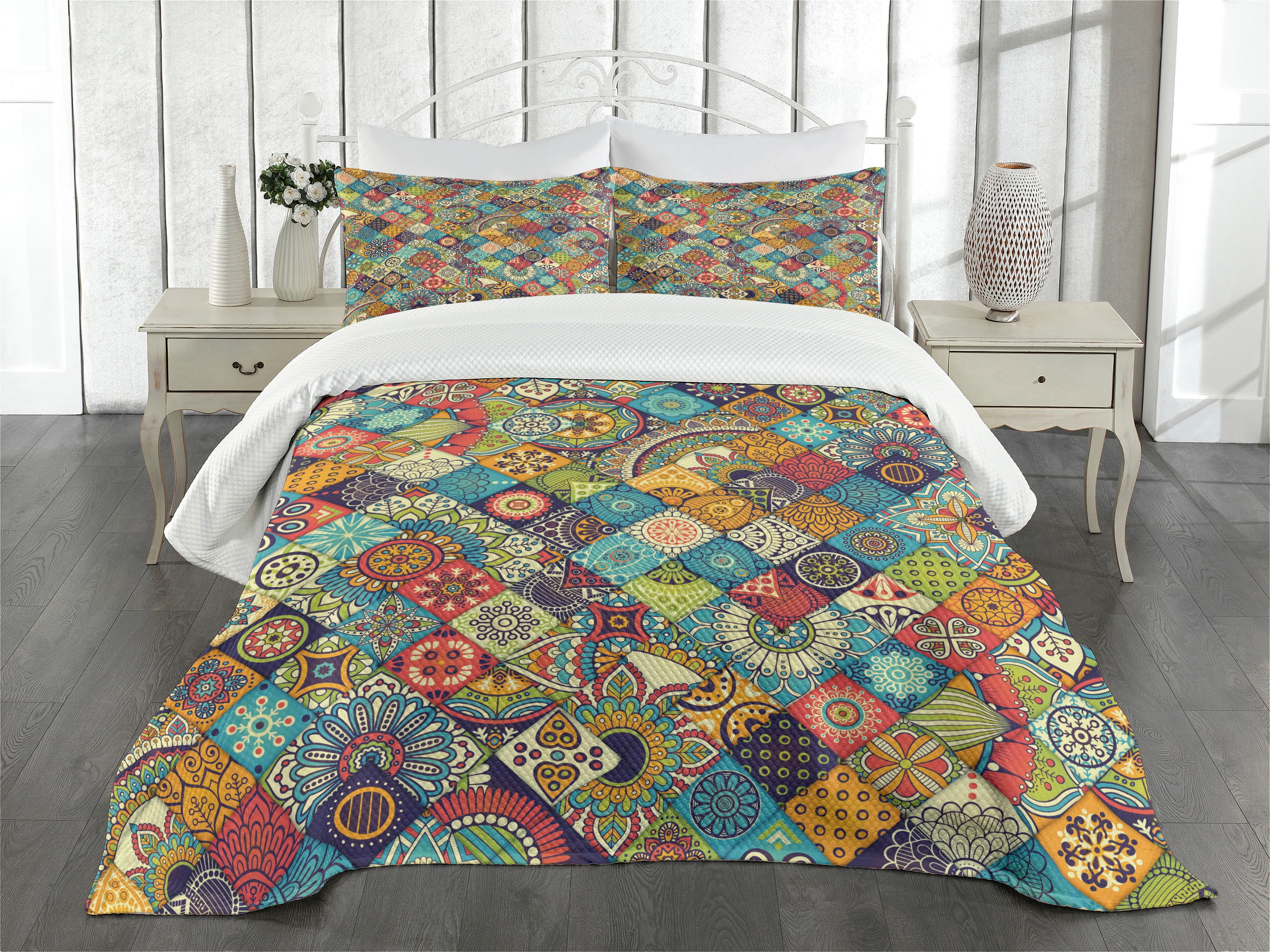 Ambesonne Bohemian Quilted Bedspread Set 3 Pcs, Checkered Folk, Queen ...