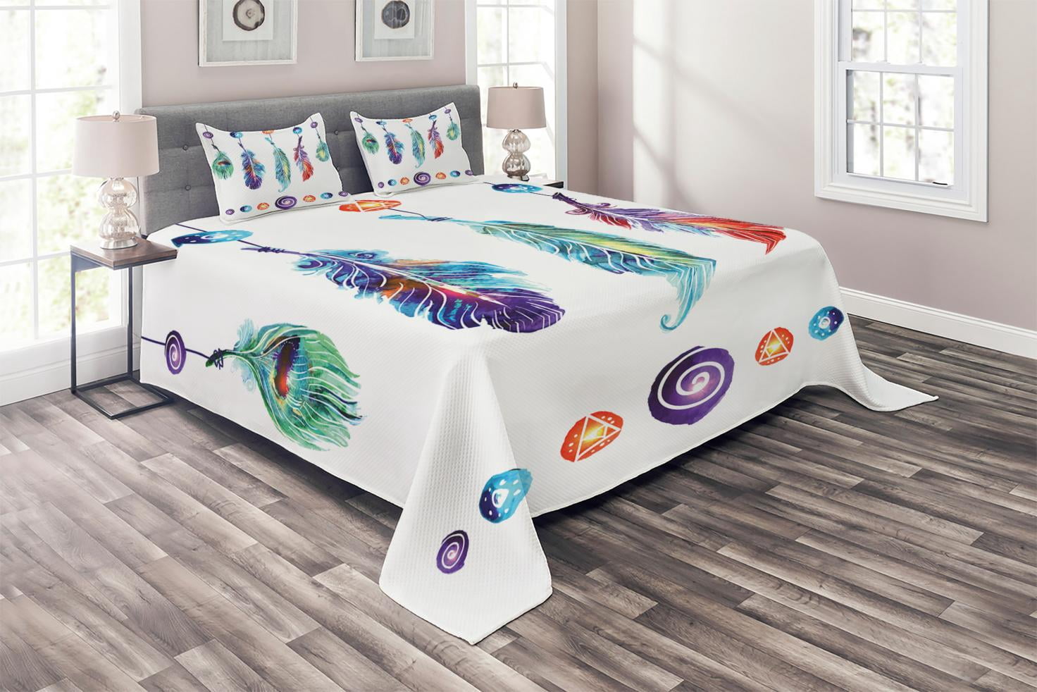 Ambesonne Bohemian Quilted Coverlet 3 Pcs, Feather Hippie, Queen Size ...