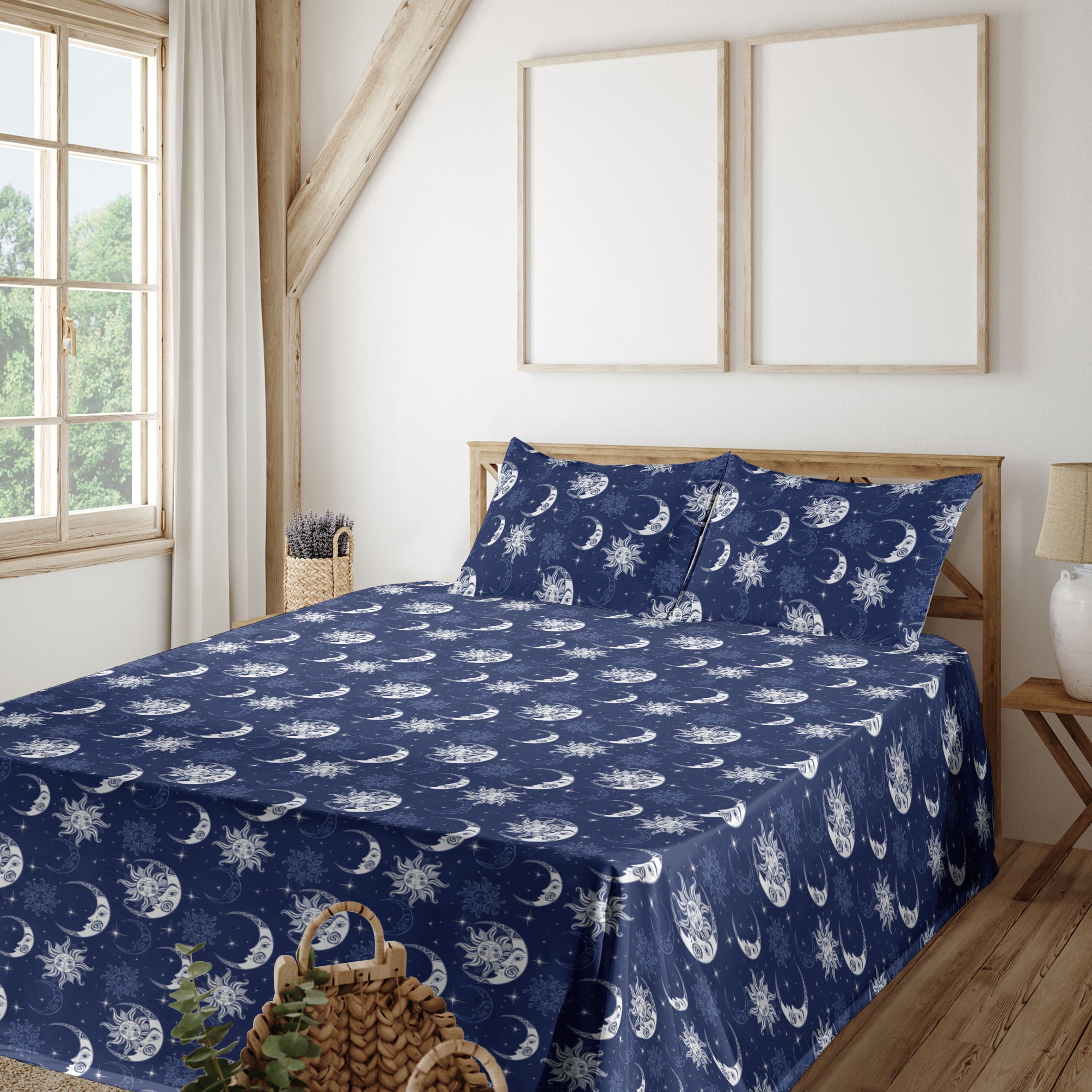 Ambesonne Boho Art Fitted & Flat Sheet with Shams 4 Pcs Set, Crescent ...