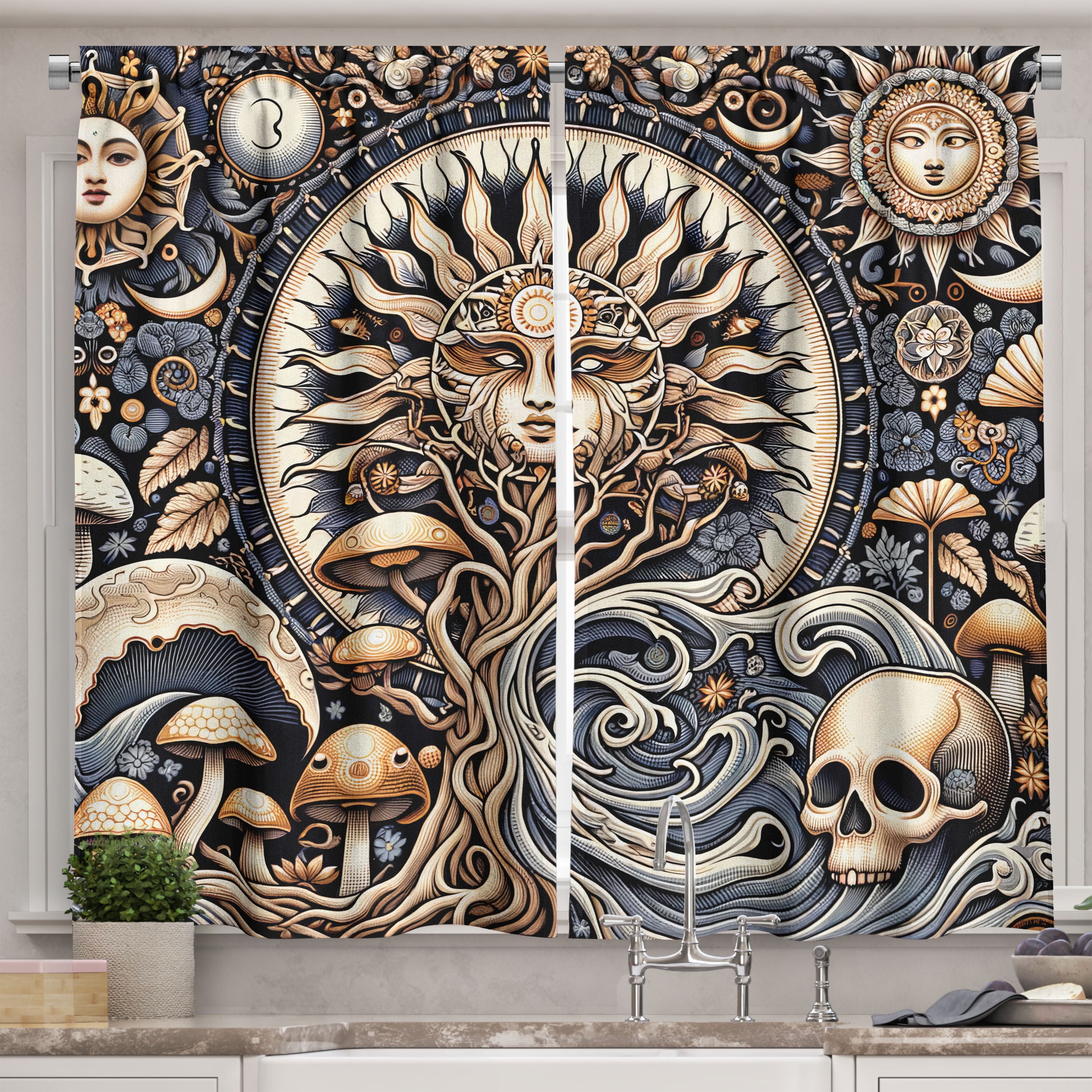 Ambesonne Boho Art Kitchen Curtains, Occult Sun Skull Moon Wave, 55"x39 ...