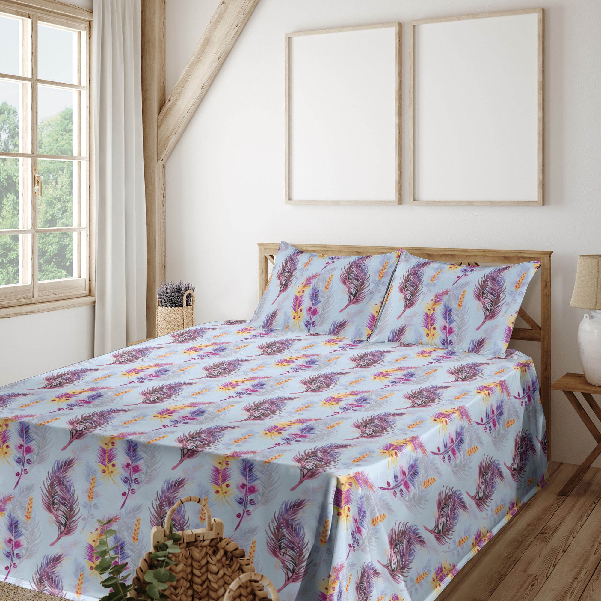 Ambesonne Boho Feathers Fitted & Flat Sheet with Shams 4 Pcs Set ...