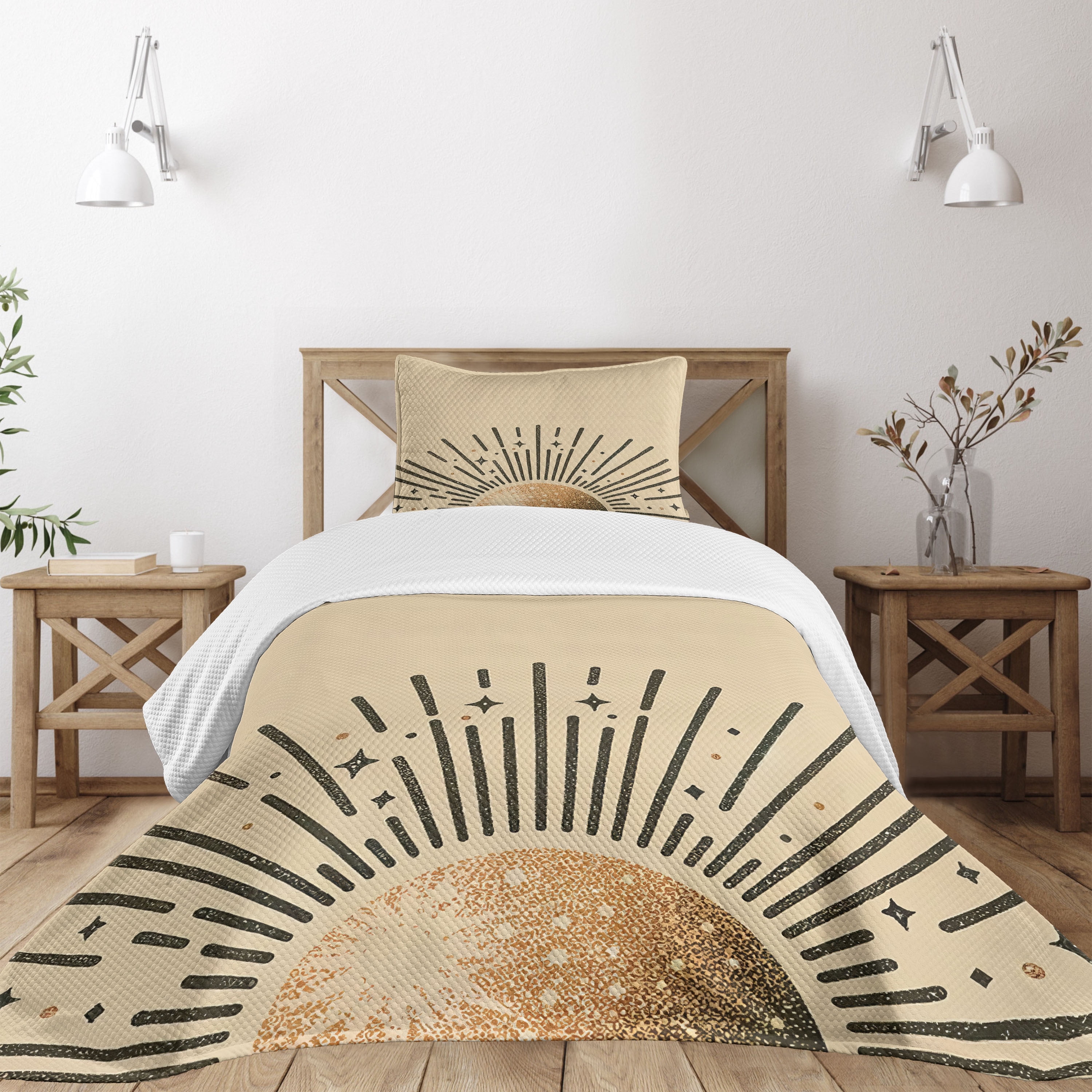 Ambesonne Boho Quilted Bedspread Set 2 Pcs, Mid Century Modern Sun ...