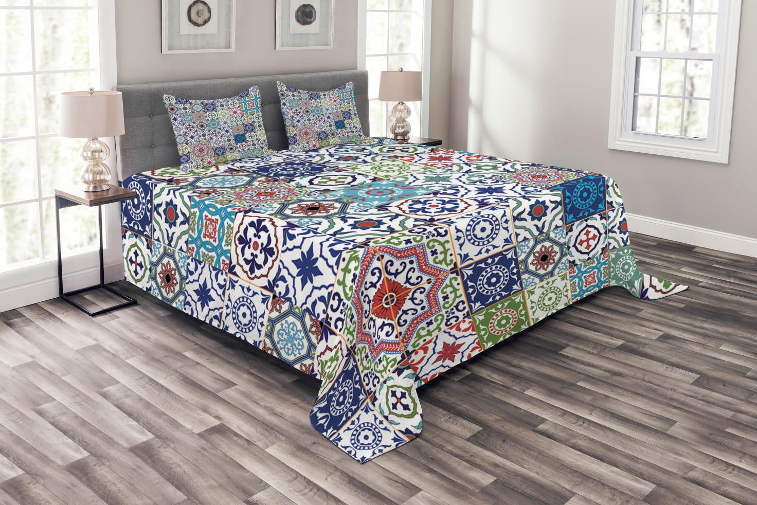 Ambesonne Boho Quilted Bedspread Set 3 Pcs, Elements Floral, Queen Size ...