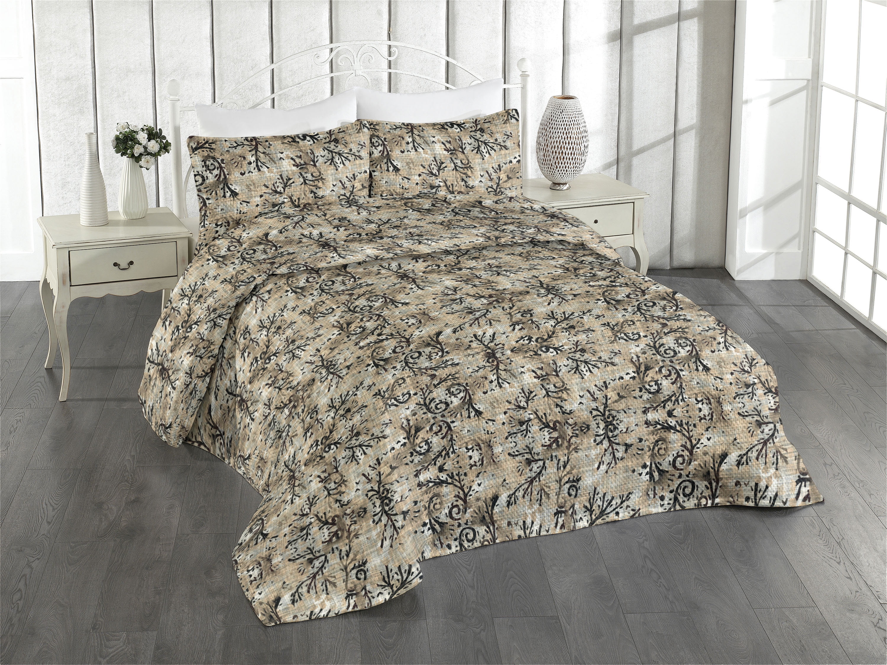 Ambesonne Boho Quilted Bedspread Set 3 Pcs, Ethnic Style Branches Folk Art, King, Ecru Dark ...