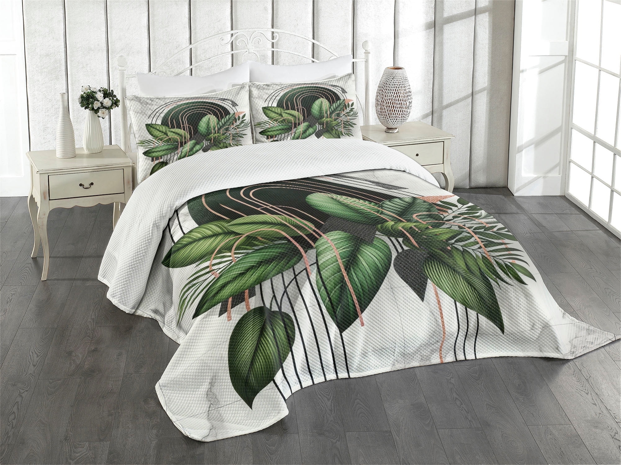 Ambesonne Boho Quilted Bedspread Set 3 Pcs, Leaves Art Mid Century ...