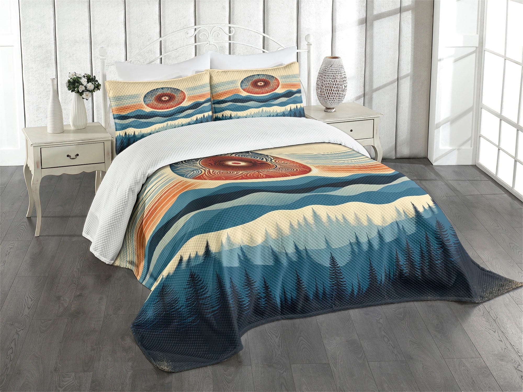 Ambesonne Boho Quilted Bedspread Set 3 Pcs, Mid Century Wilderness ...