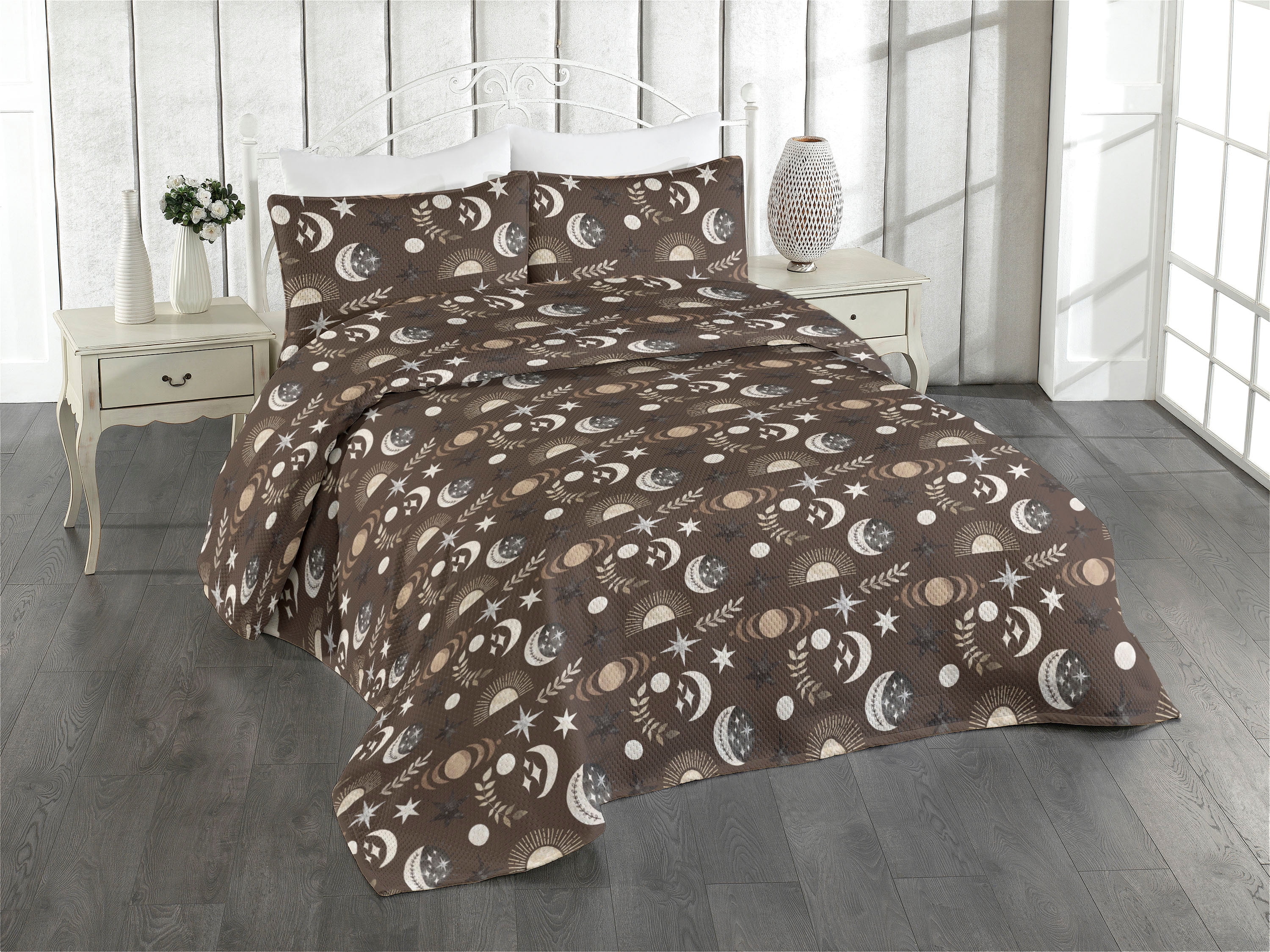 Ambesonne Boho Quilted Bedspread Set 3 Pcs, Minimal Sun Moon ...