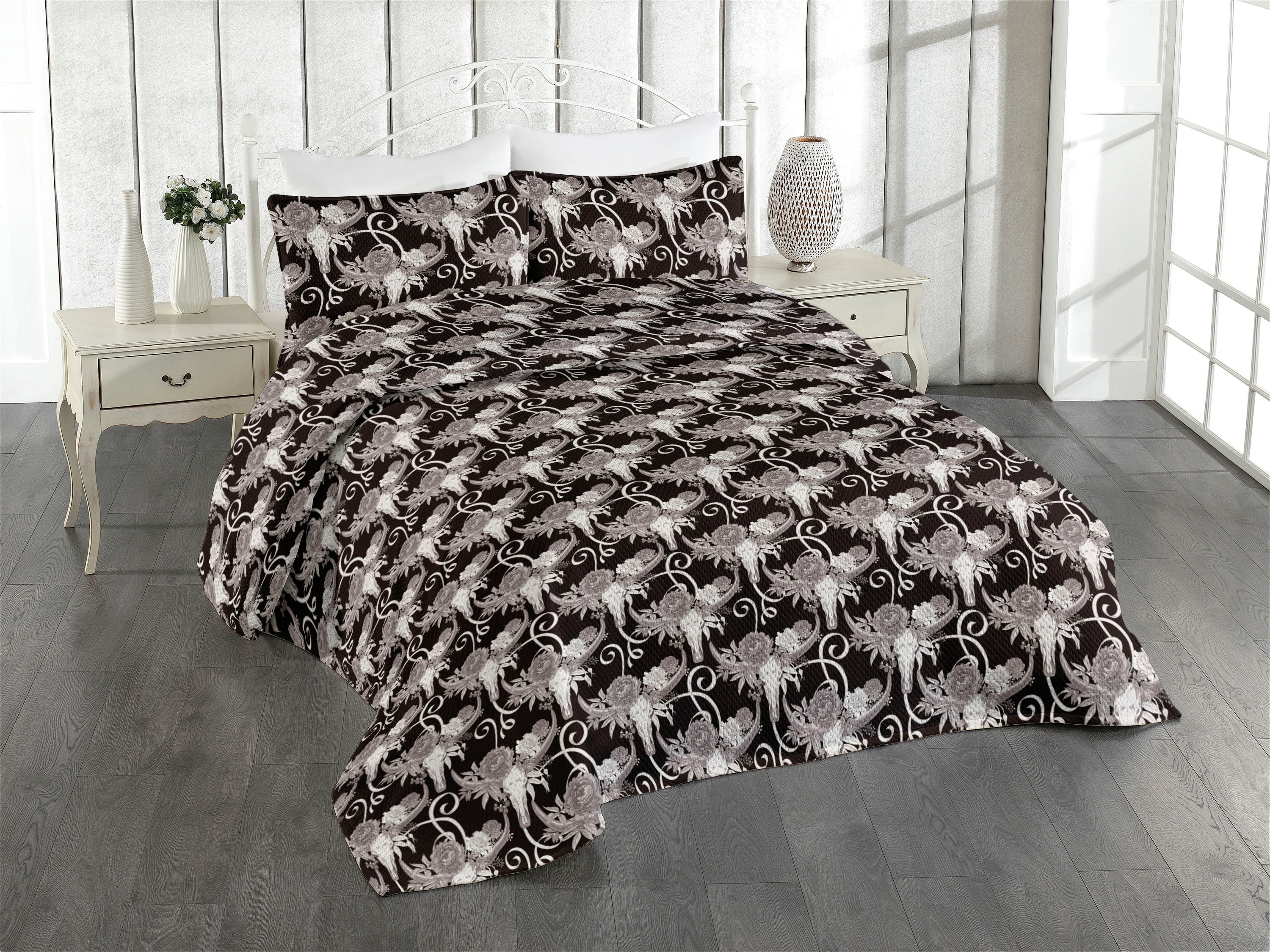 Ambesonne Boho Quilted Bedspread Set 3 Pcs, Wild Animal Skull Bison ...