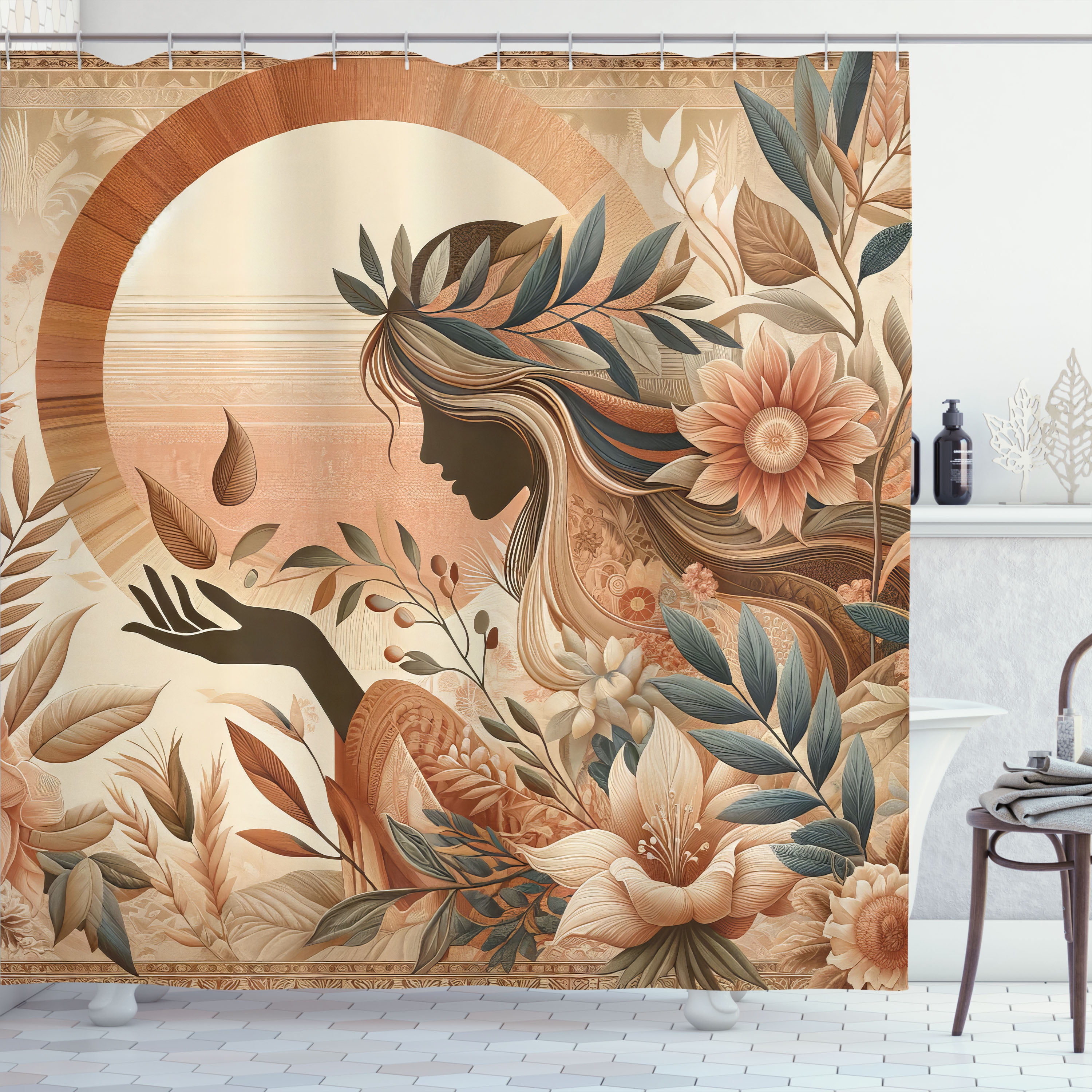 Ambesonne Boho Shower Curtain, Peachy Hues Nature Lady Botany, 69"Wx75"L, Slate Blue and Pale ...