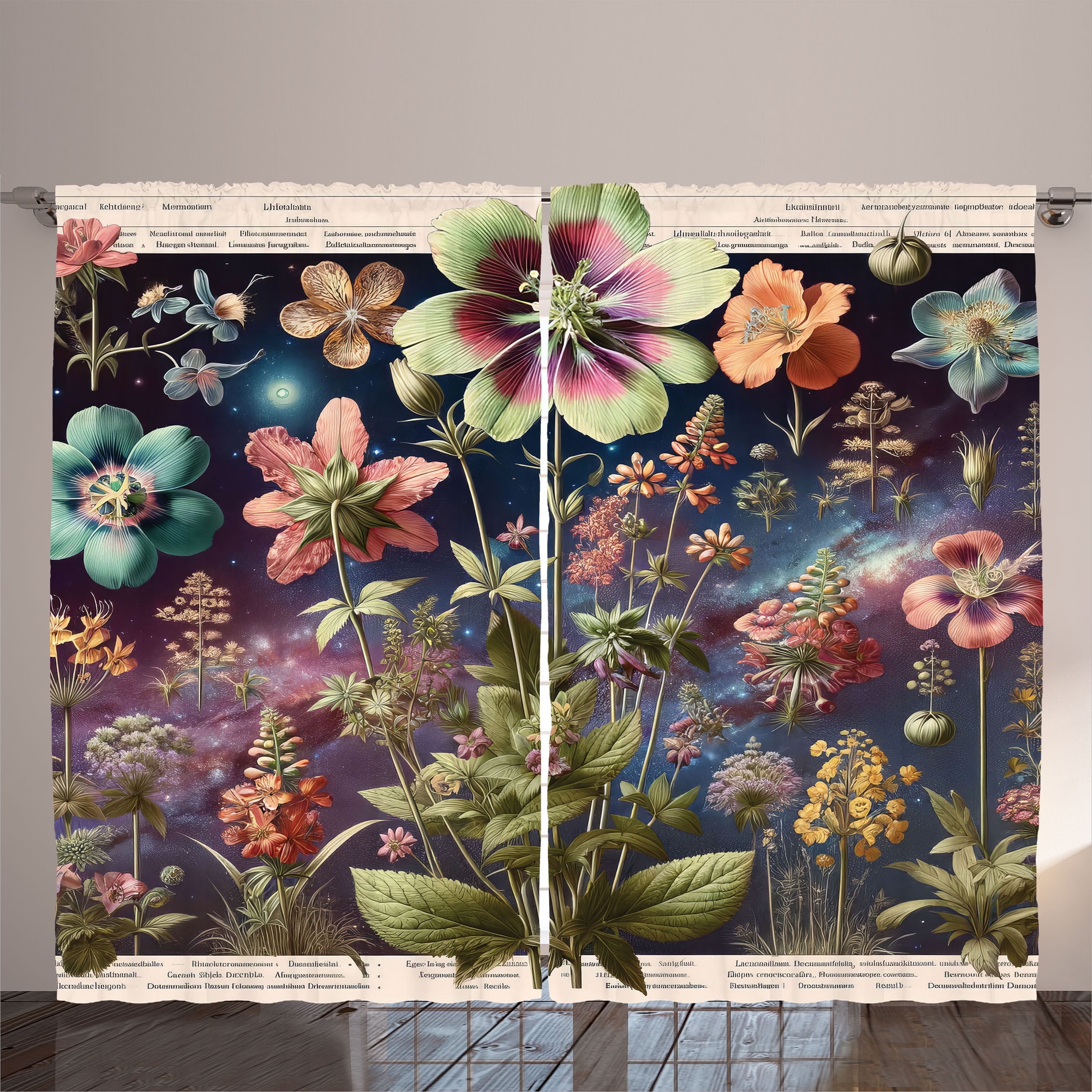 Ambesonne Botanic Curtains 2 Panel Set, Flowers on Outer Space Art, 108 ...