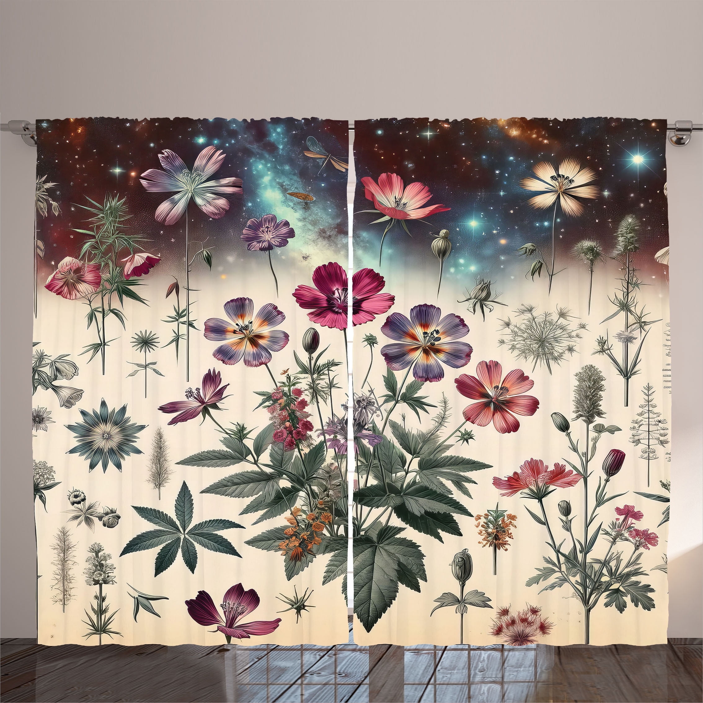 Ambesonne Botanic Curtains 2 Panel Set, Retro Galactic Wildflowers, 108 ...