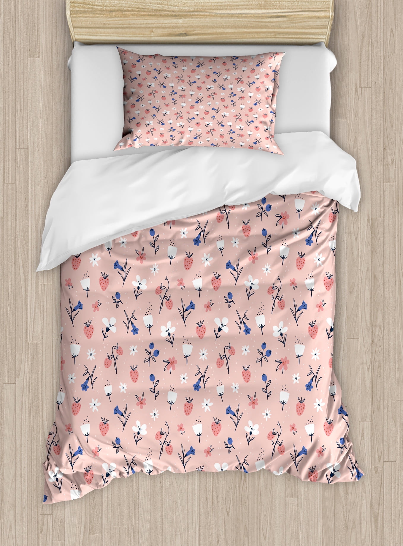 Ambesonne Botanic Duvet Cover Sets, Pastel Blooms Strawberries, 2-Twin ...