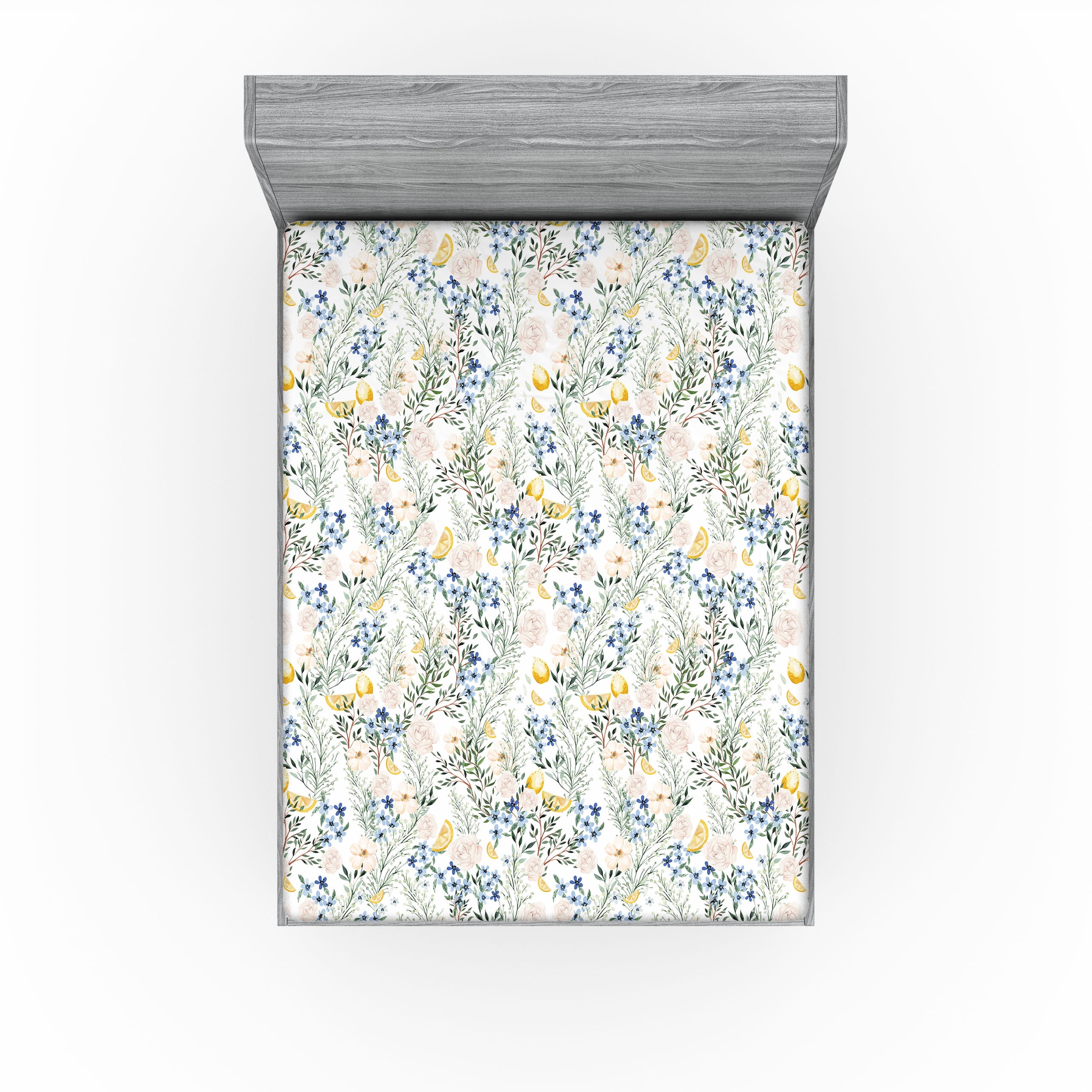 Ambesonne Botanical Fitted Sheet, Print of Lemon and Floral, California ...