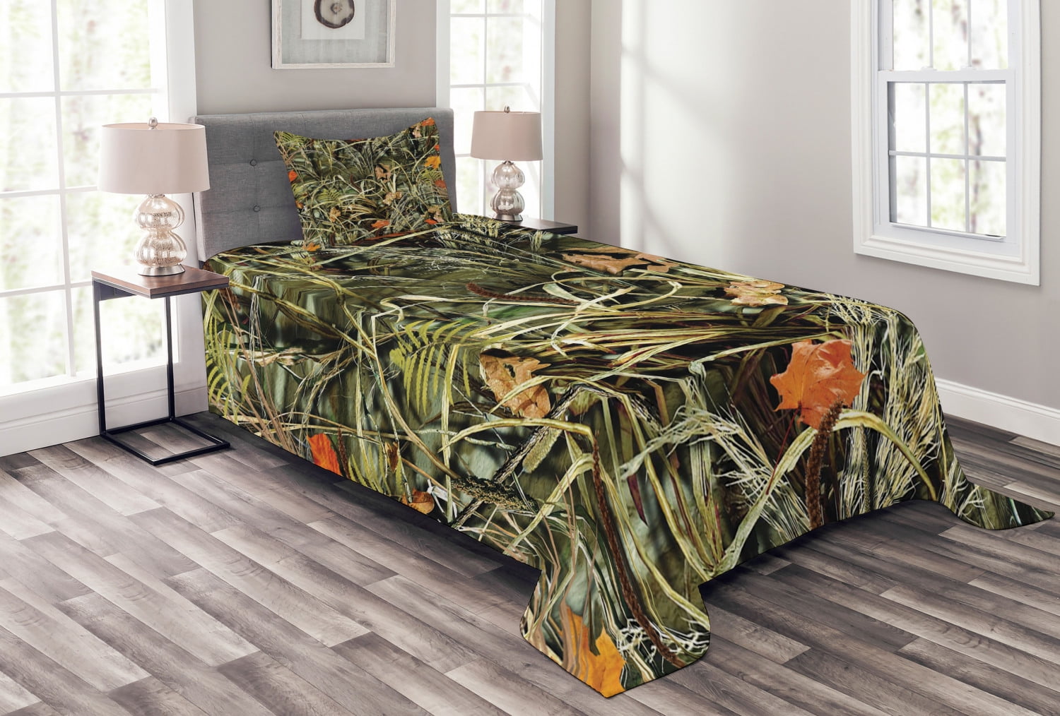 Ambesonne Botanical Quilted Bedspread Set 2 Pcs, Close up Leaves Herbs ...