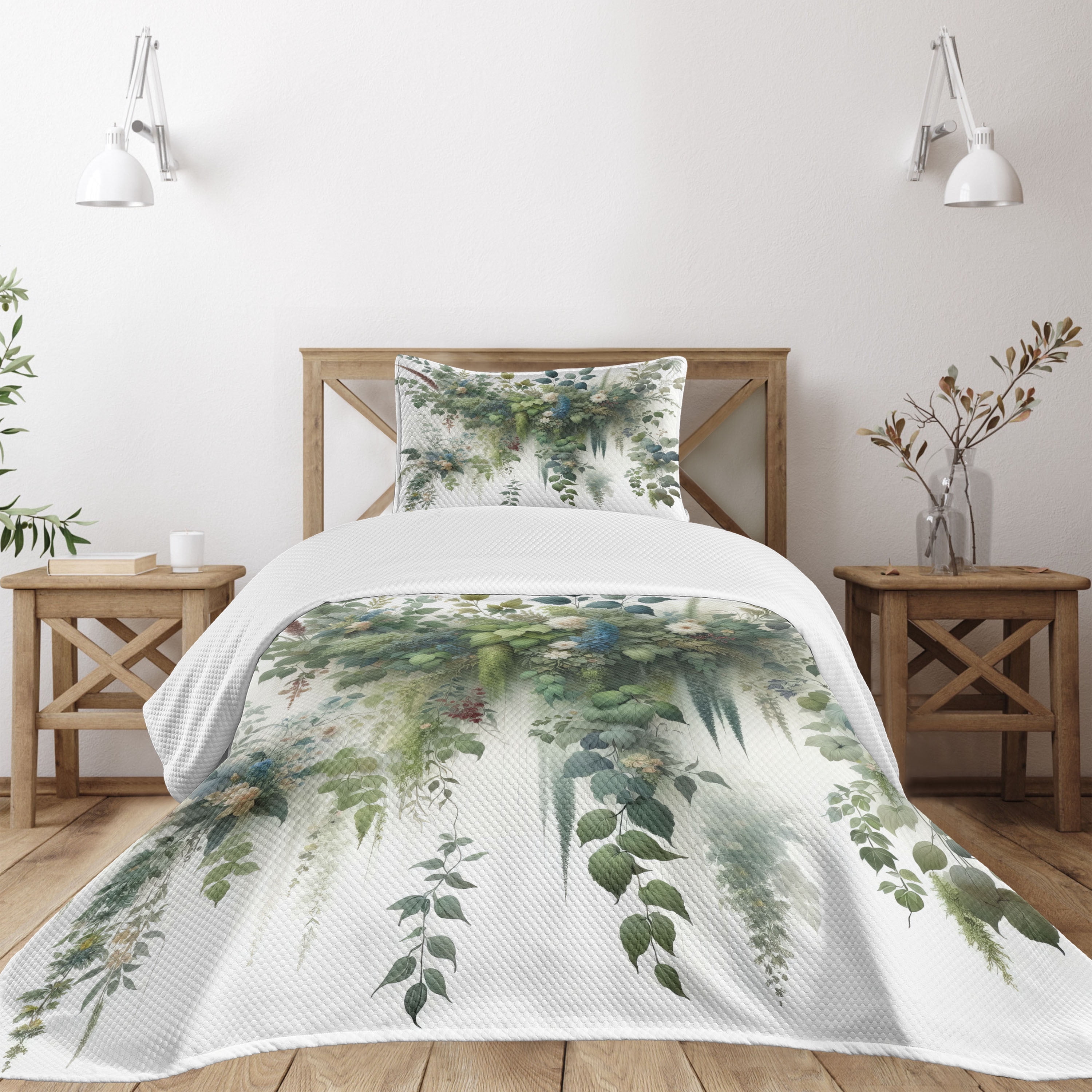 Ambesonne Botanical Quilted Bedspread Set 2 Pcs, Leaves Cascading Down ...