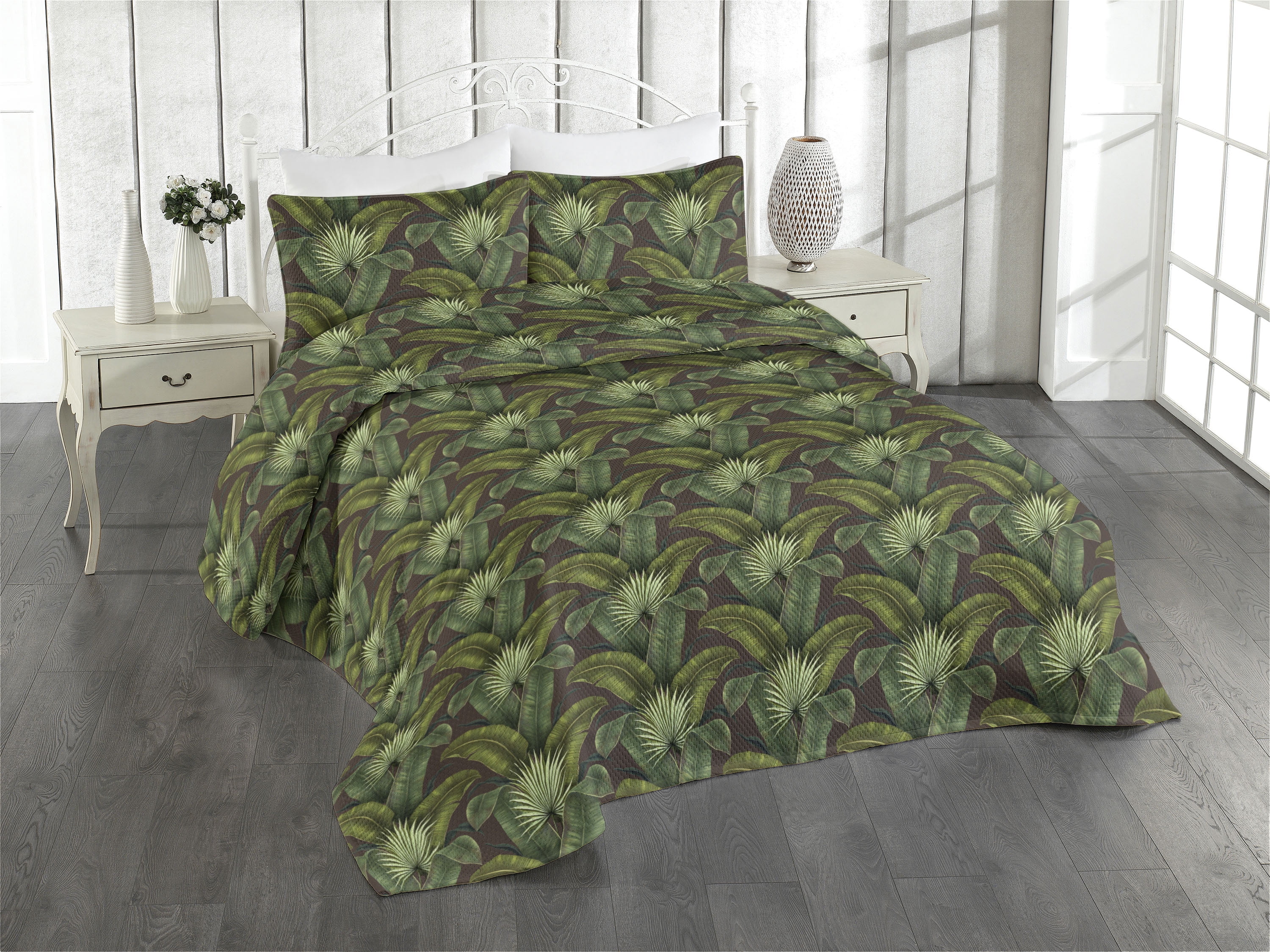 Ambesonne Botanical Quilted Bedspread Set 3 Pcs, Art Leaves of the ...