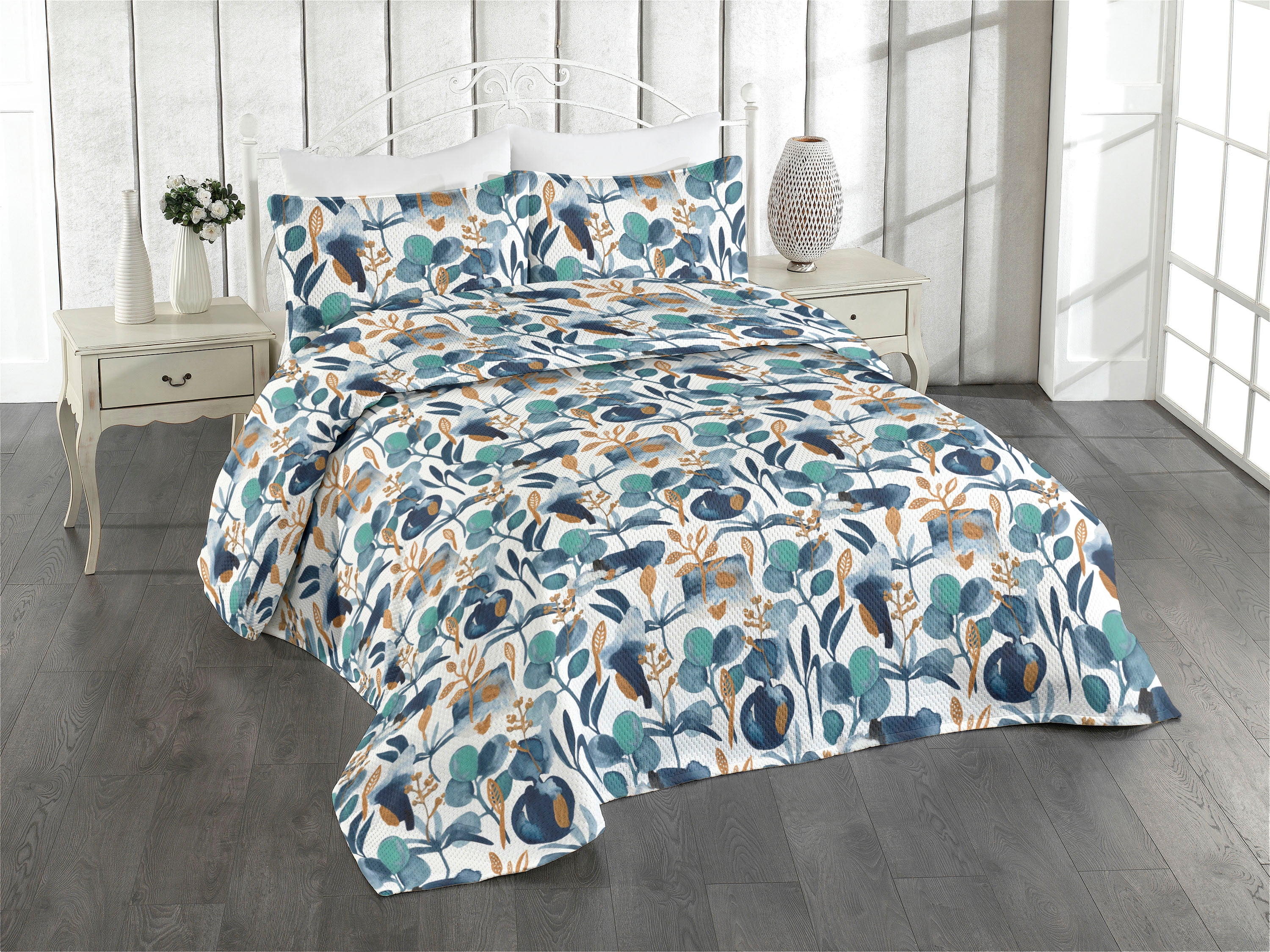Ambesonne Botanical Quilted Bedspread Set 3 Pcs, Blooming Leaves ...