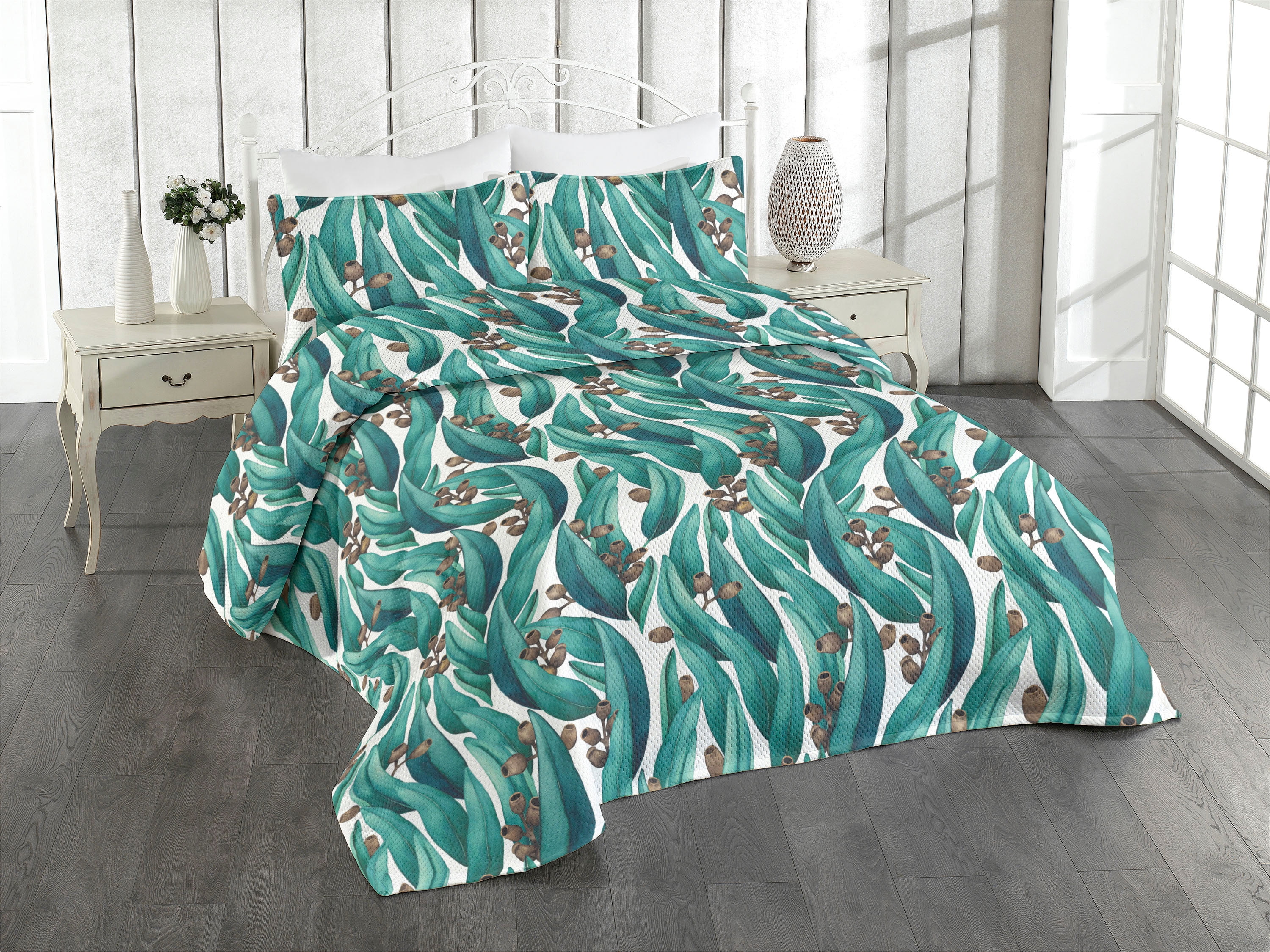 Ambesonne Botanical Quilted Bedspread Set 3 Pcs, Eucalyptus Leaves Buds ...