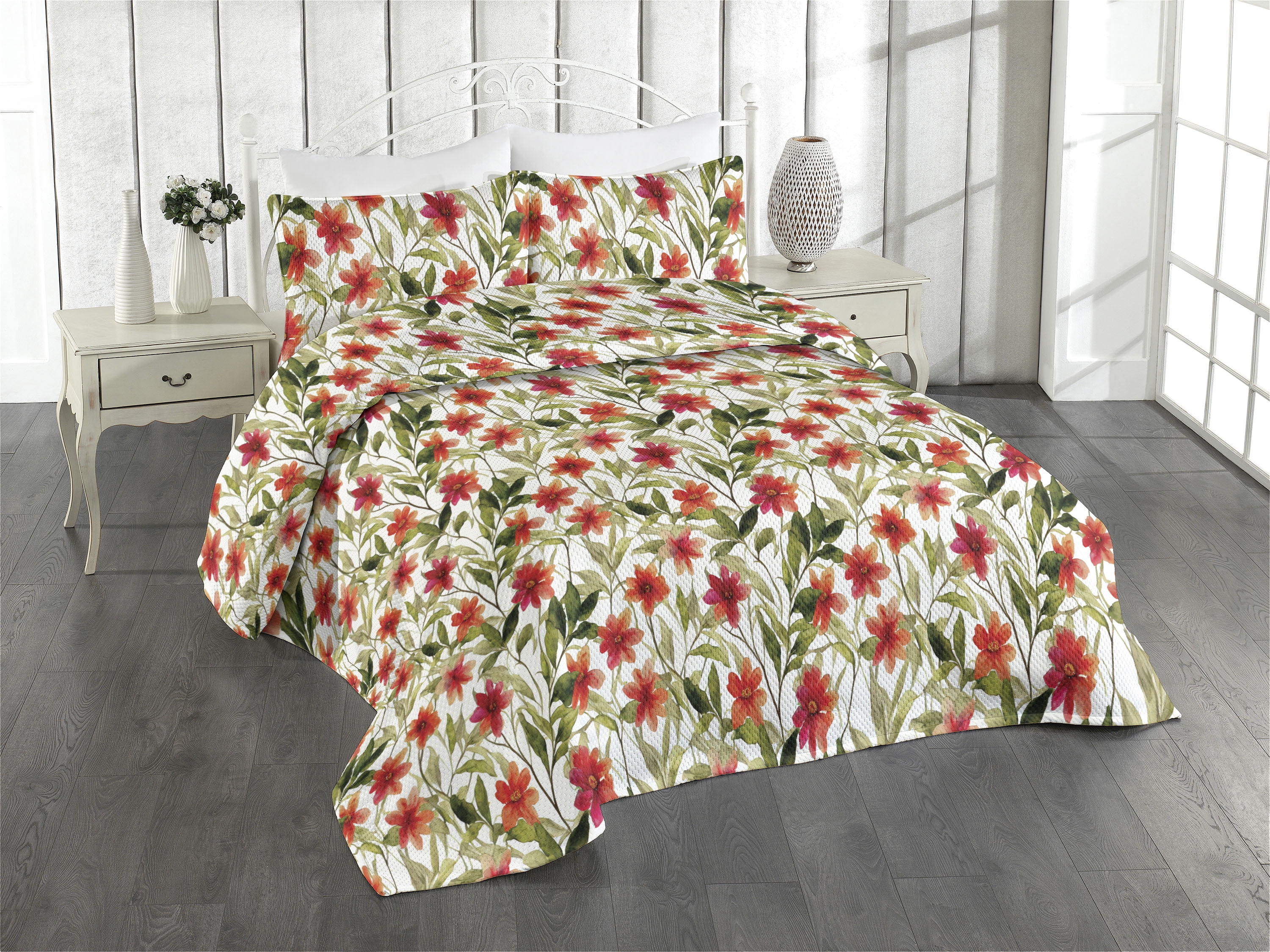 Ambesonne Botanical Quilted Bedspread Set 3 Pcs, Flowers Leafy Nature ...