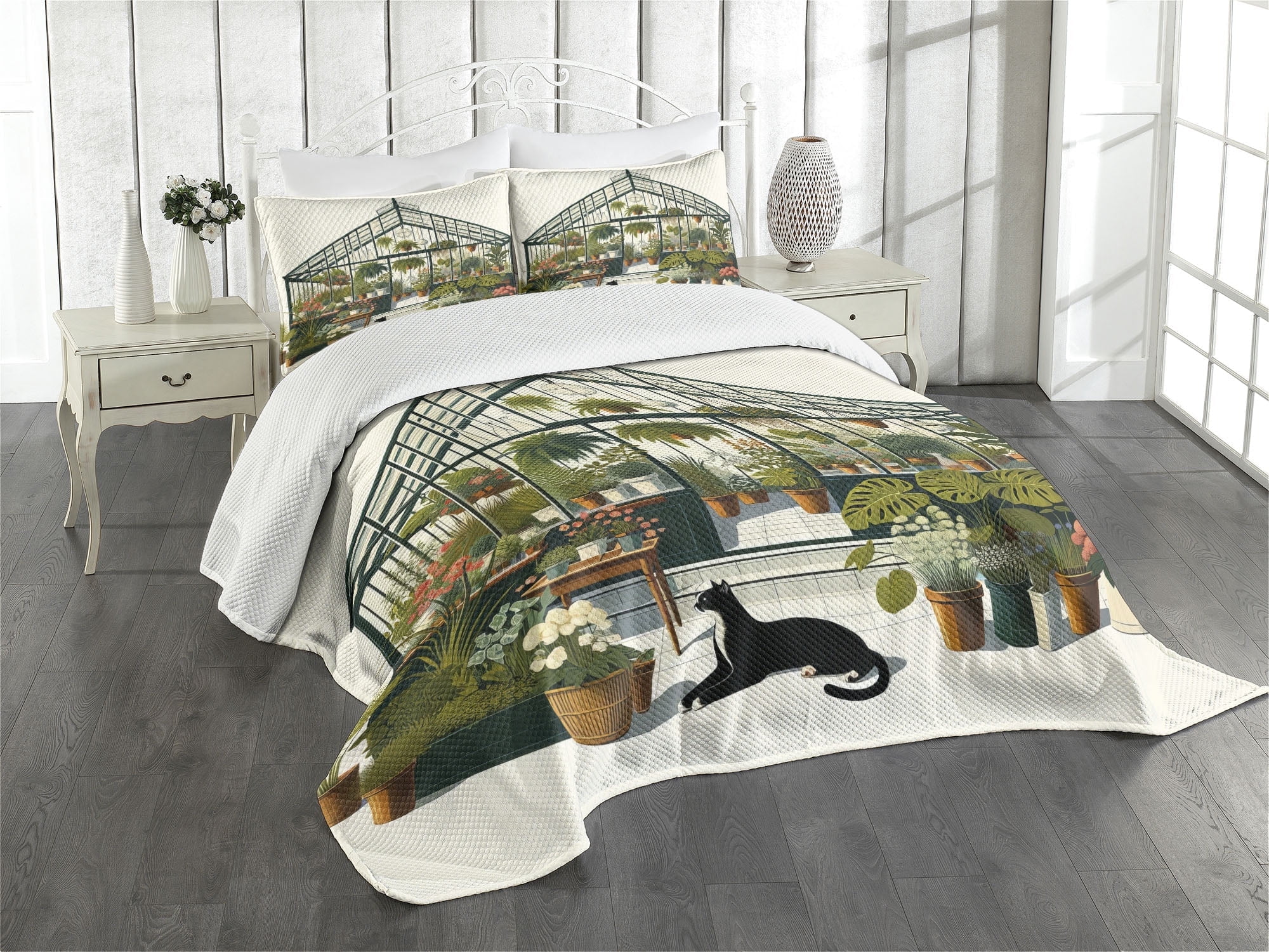 Ambesonne Botanical Quilted Bedspread Set 3 Pcs, Greenhouse and Big Cat ...