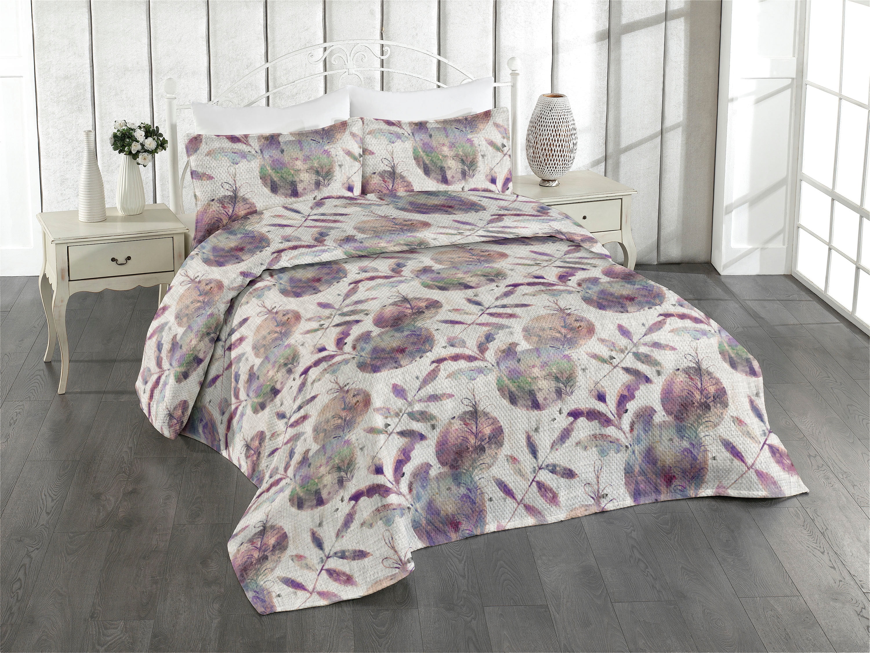 Ambesonne Botanical Quilted Bedspread Set 3 Pcs, Grunge Leaves Circle ...