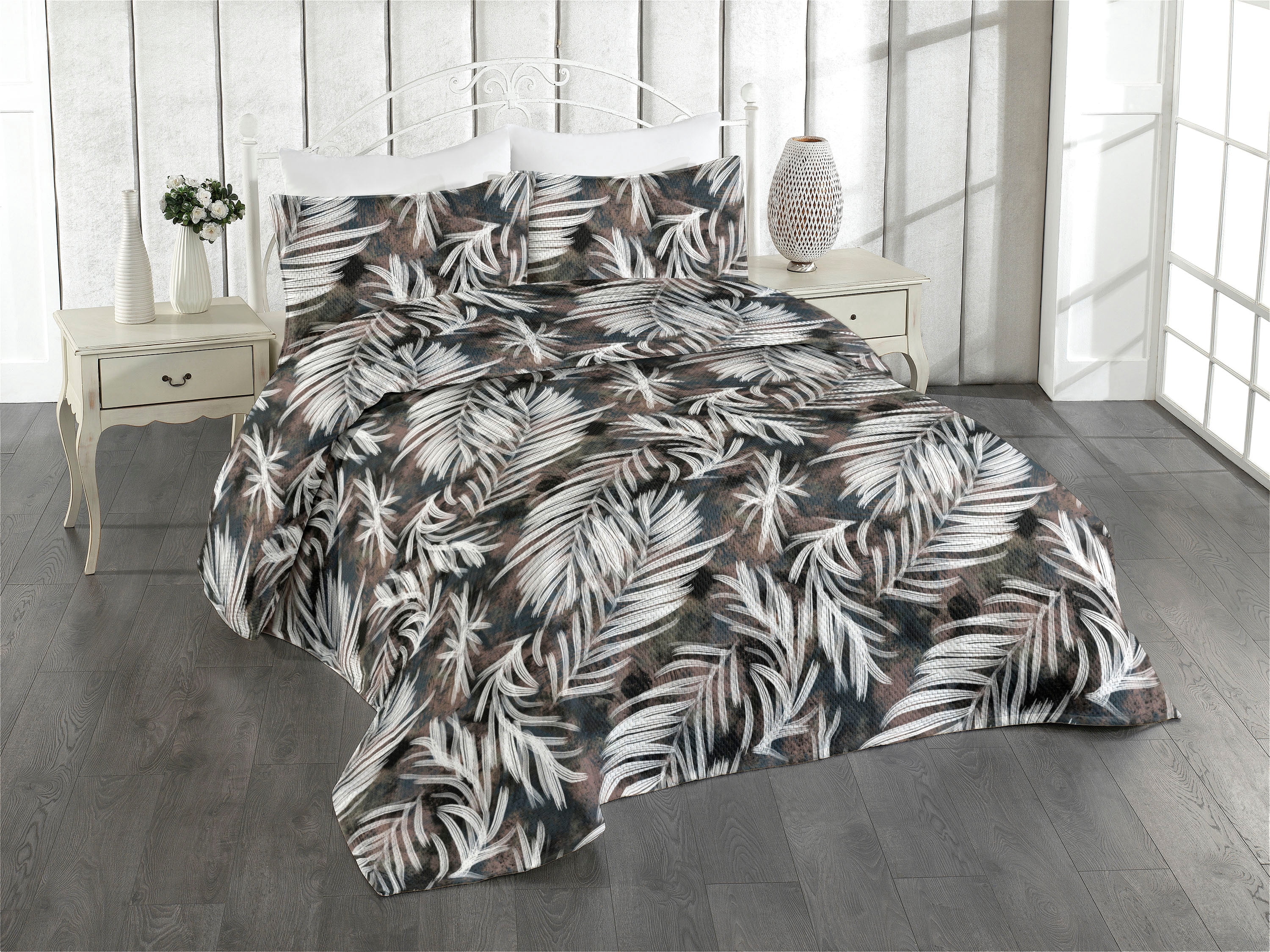Ambesonne Botanical Quilted Bedspread Set 3 Pcs, Grunge Pattern of ...