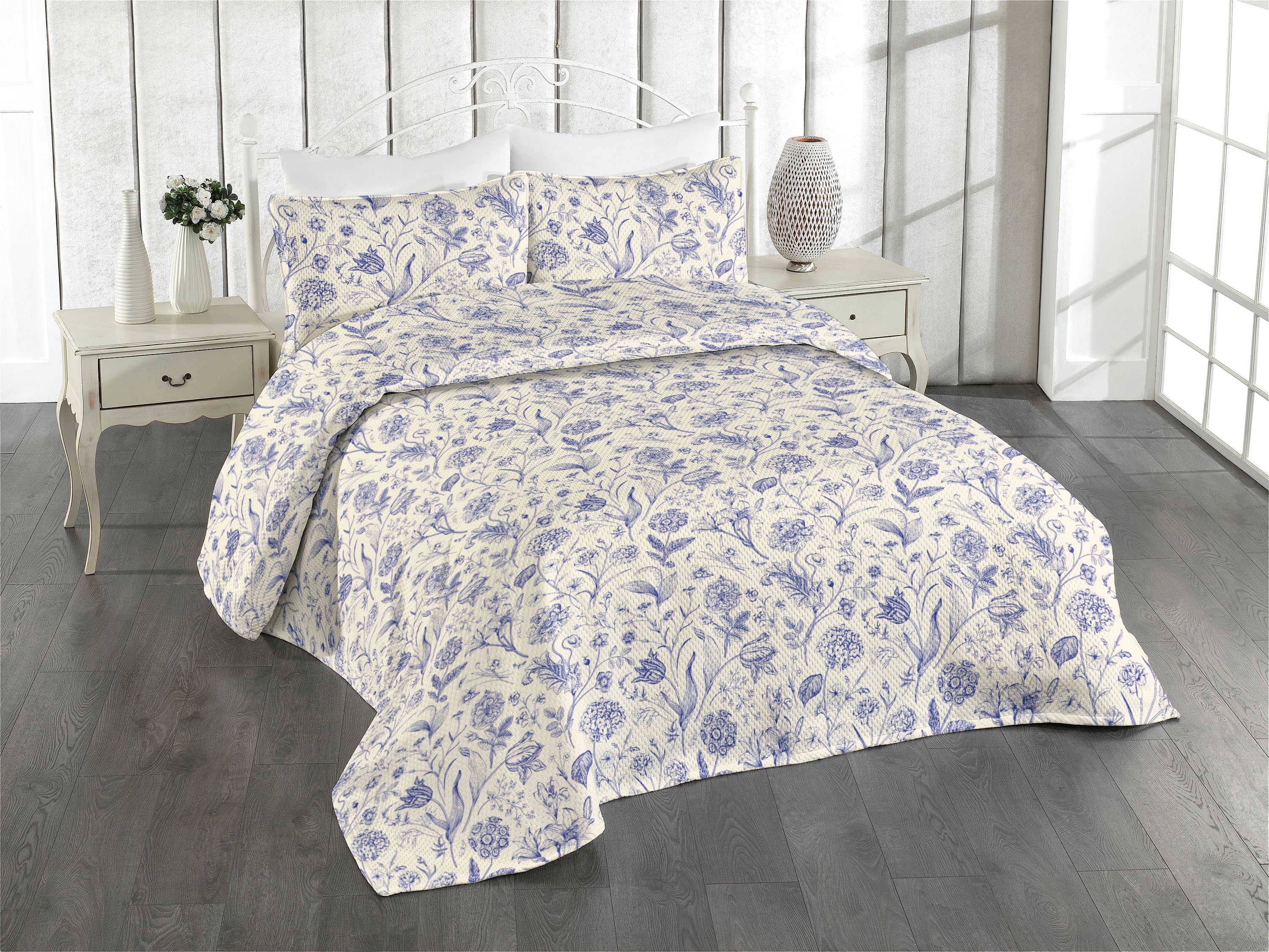 Ambesonne Botanical Quilted Bedspread Set 3 Pcs, Leafy Vintage Flowers ...