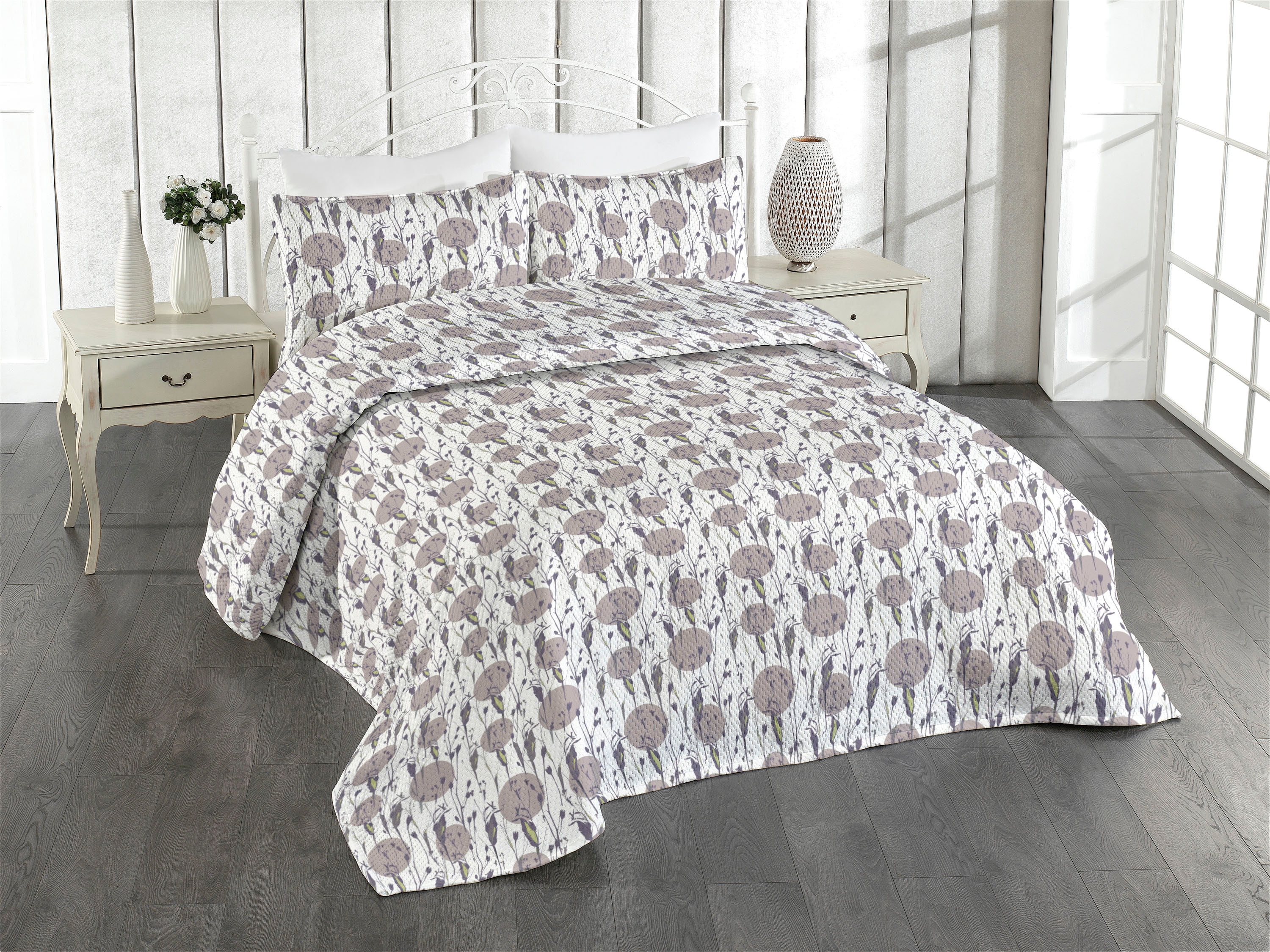 Ambesonne Botanical Quilted Bedspread Set 3 Pcs, Leaves Abstract Polka ...
