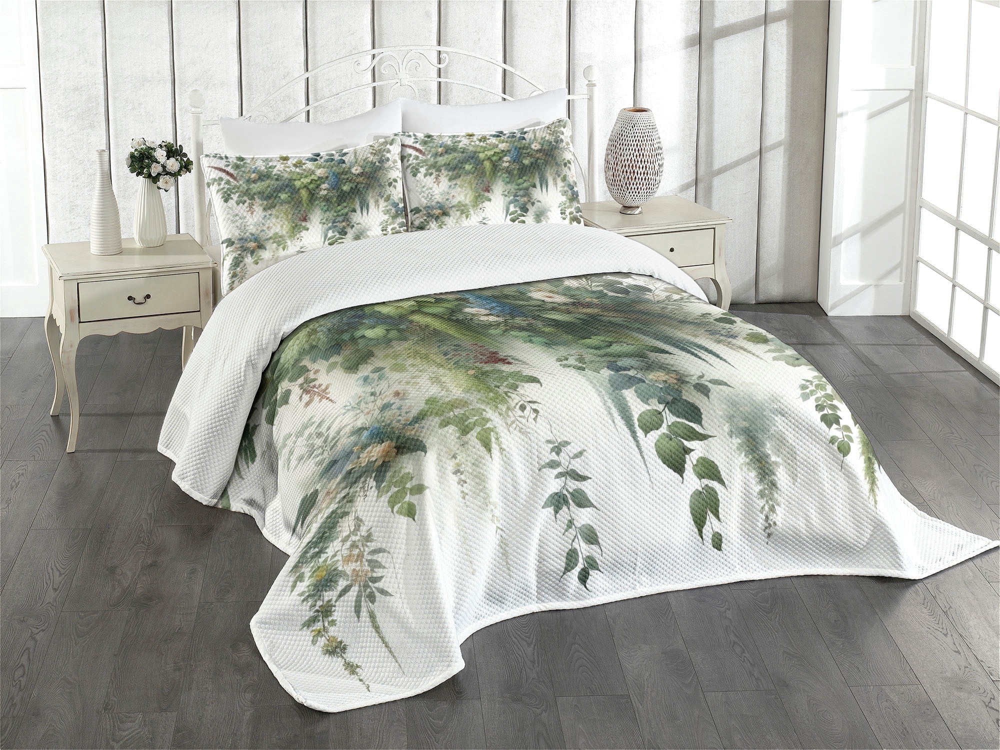 Ambesonne Botanical Quilted Bedspread Set 3 Pcs, Leaves Cascading Down ...
